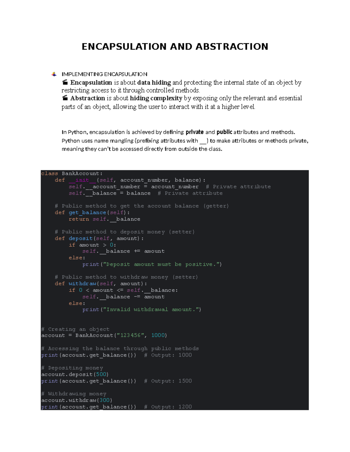 OOP Concepts: Encapsulation and Abstraction in Python - CS101 - Studocu