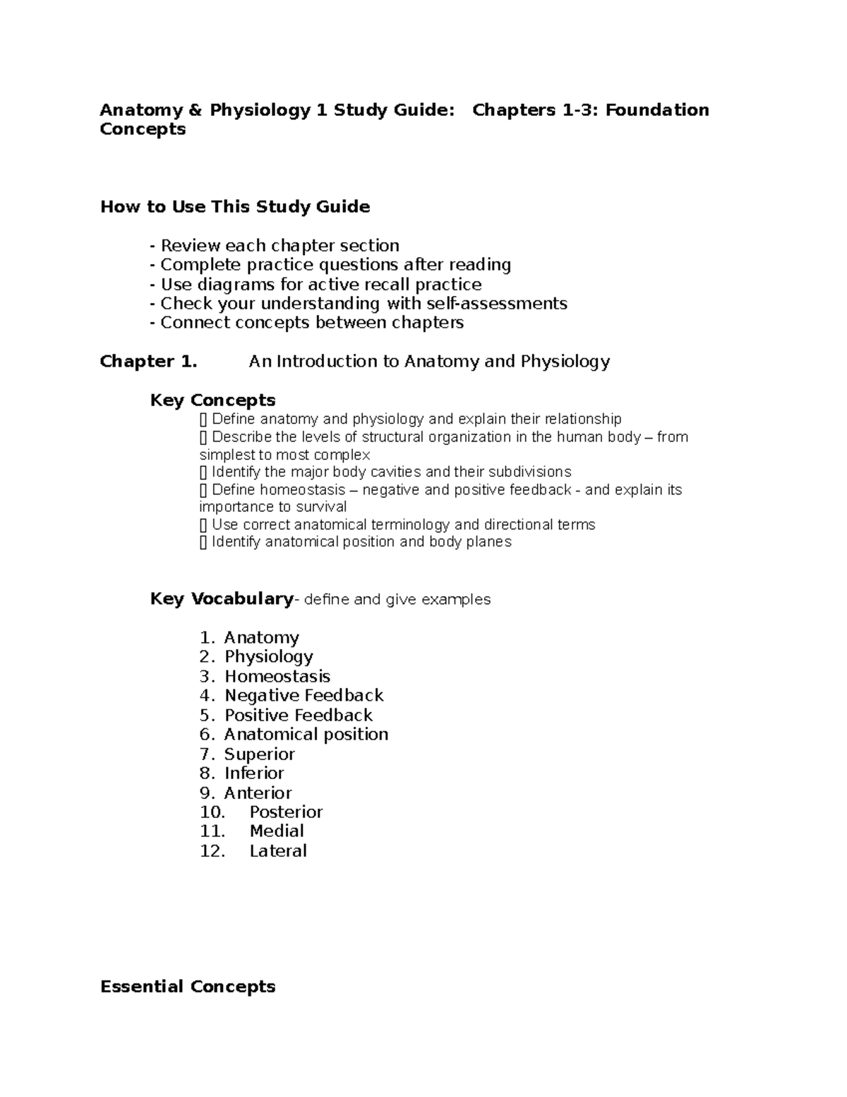 Anatomy & Physiology 1 Study Guide: Key Concepts from Chapters 1-3 ...