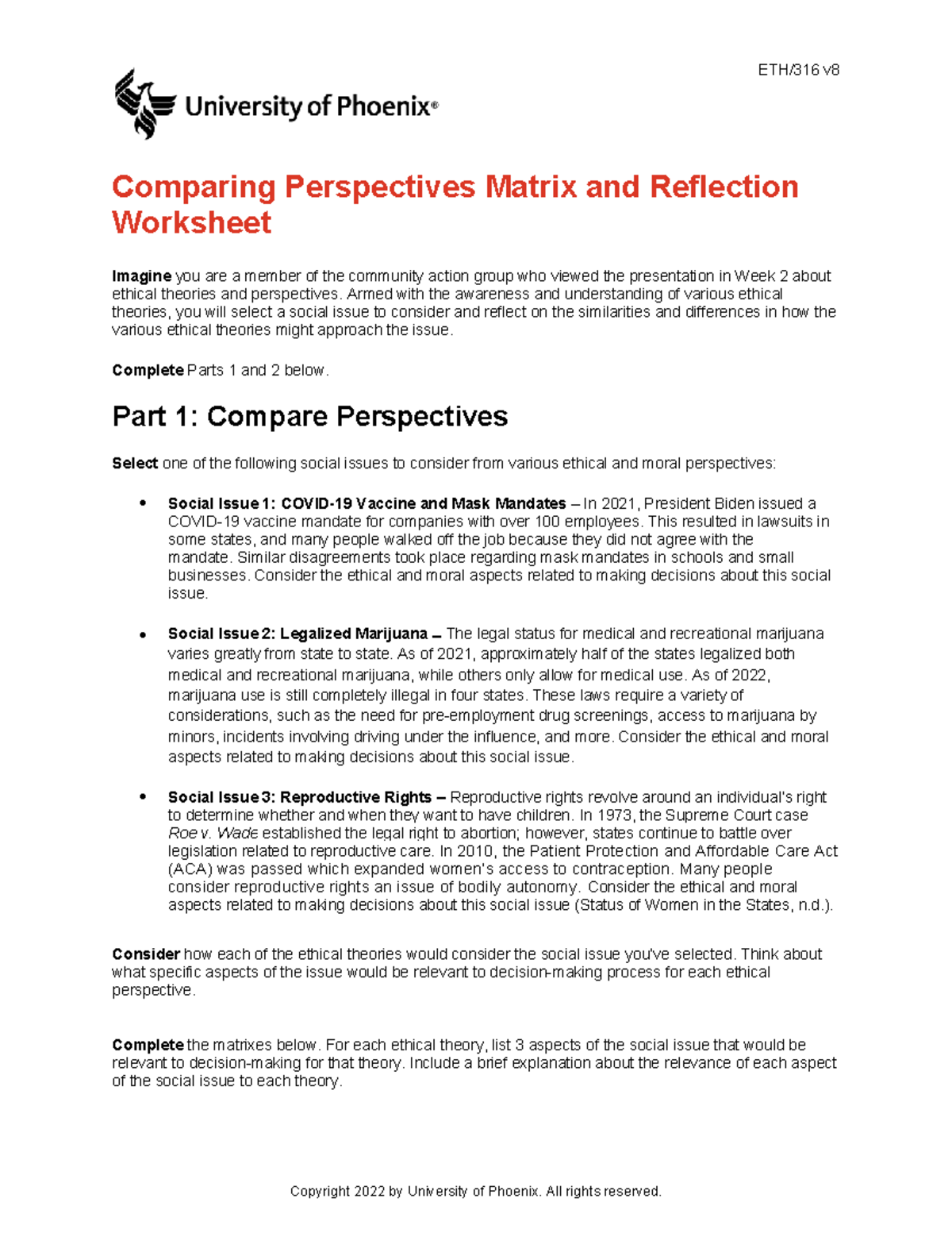 ETH/316 v8 wk3 Perspectives Matrix & Reflection on Ethical Theories ...