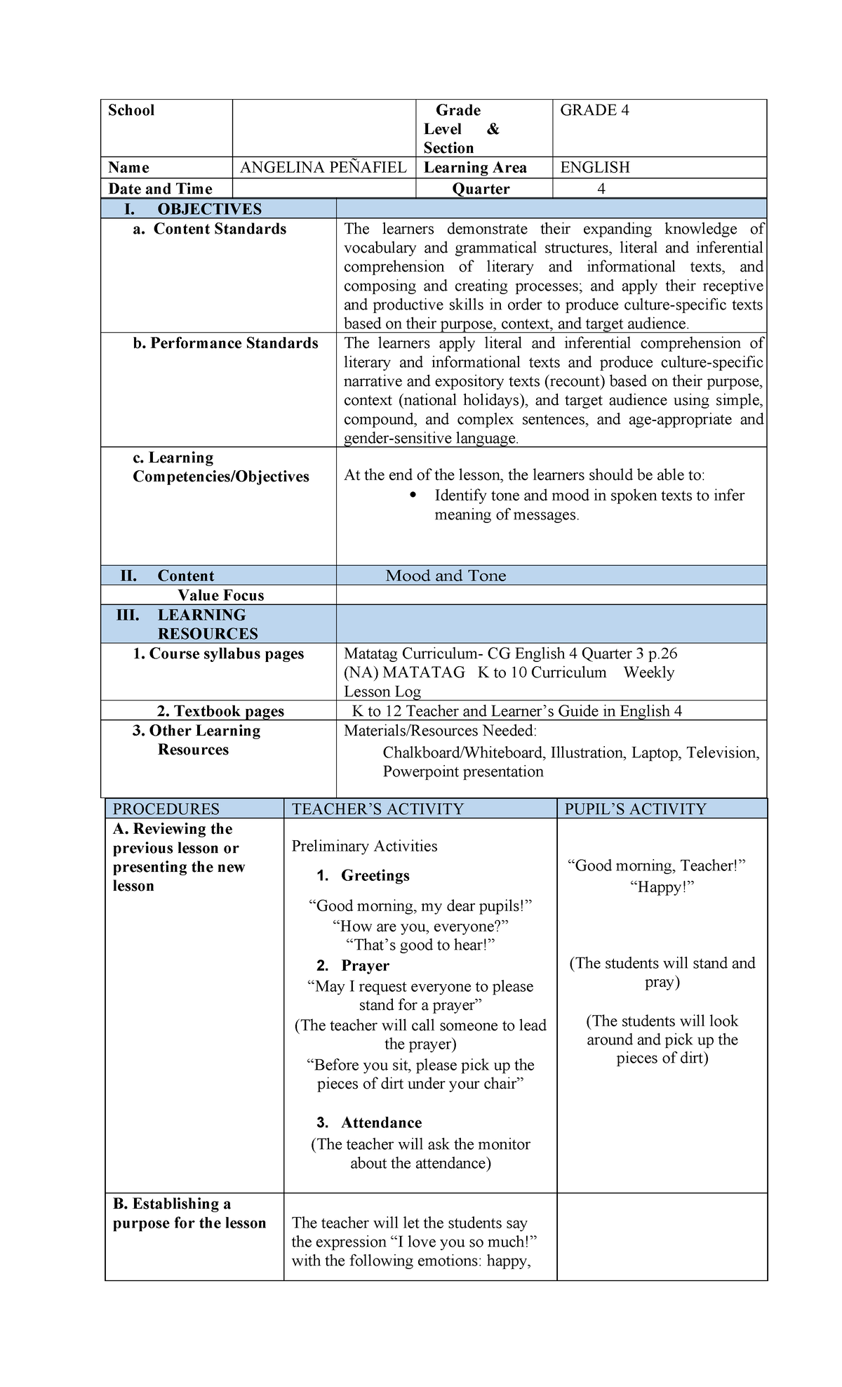 LP 1 - Lesson Plan for English 4: Understanding Tone and Mood - Studocu