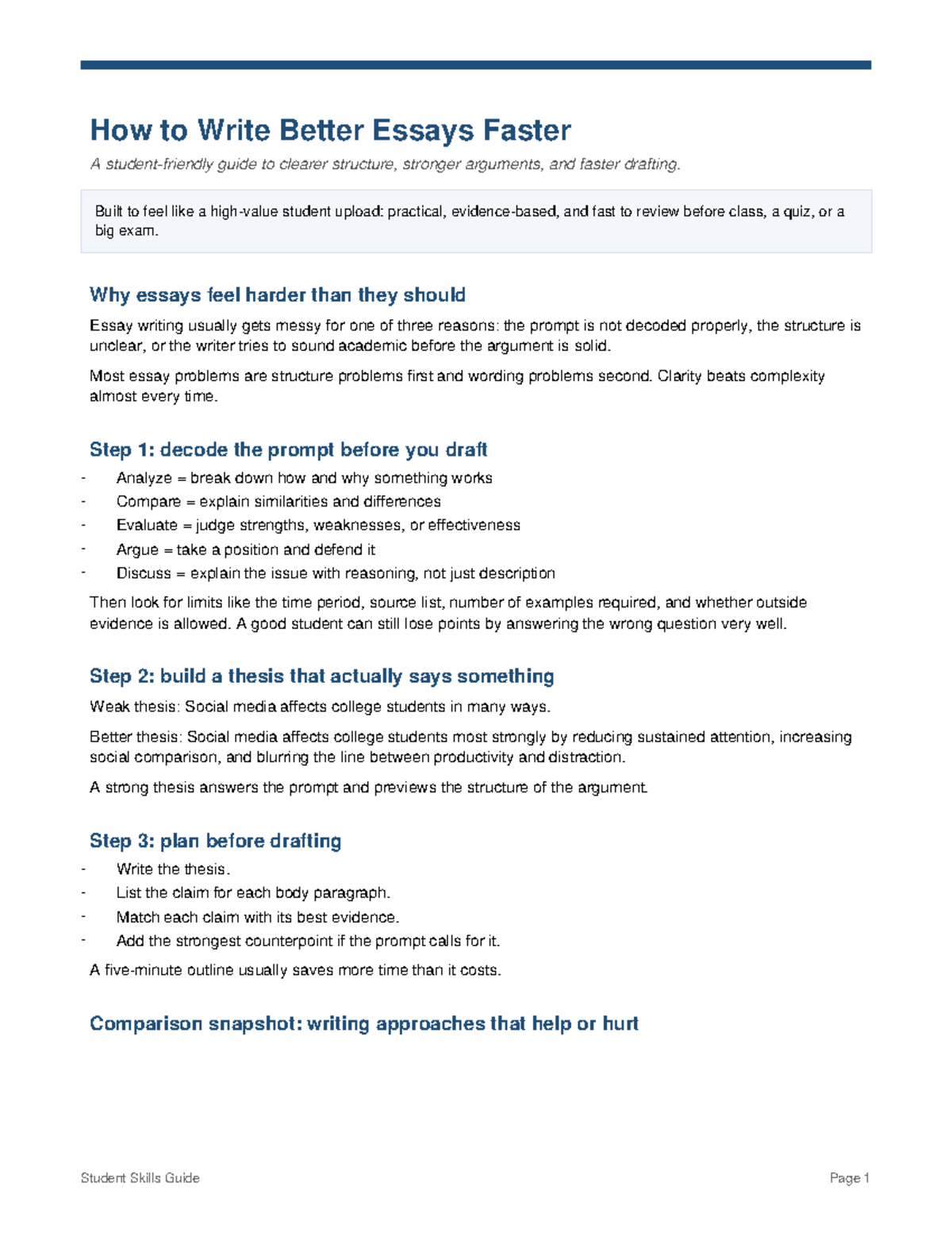 Study Guide: Write Better Essays Faster (Essay Writing Tips) - Studocu