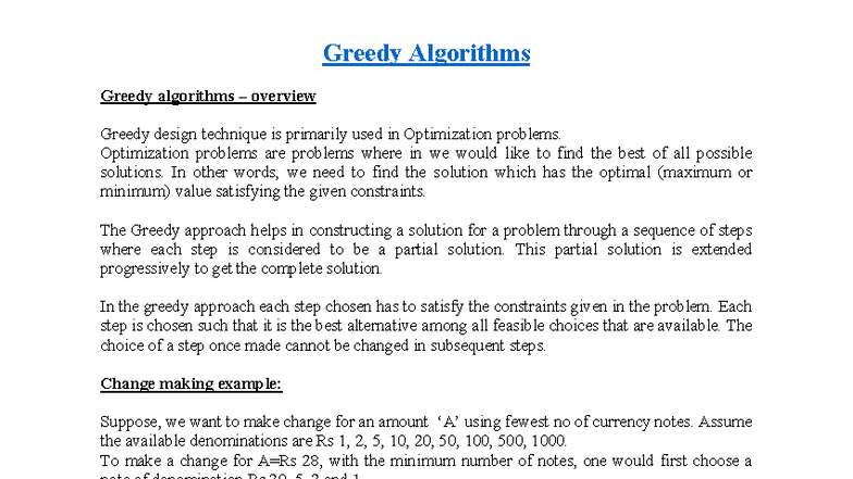 DAA U-2: Overview of Greedy Algorithms and Their Applications - Studocu