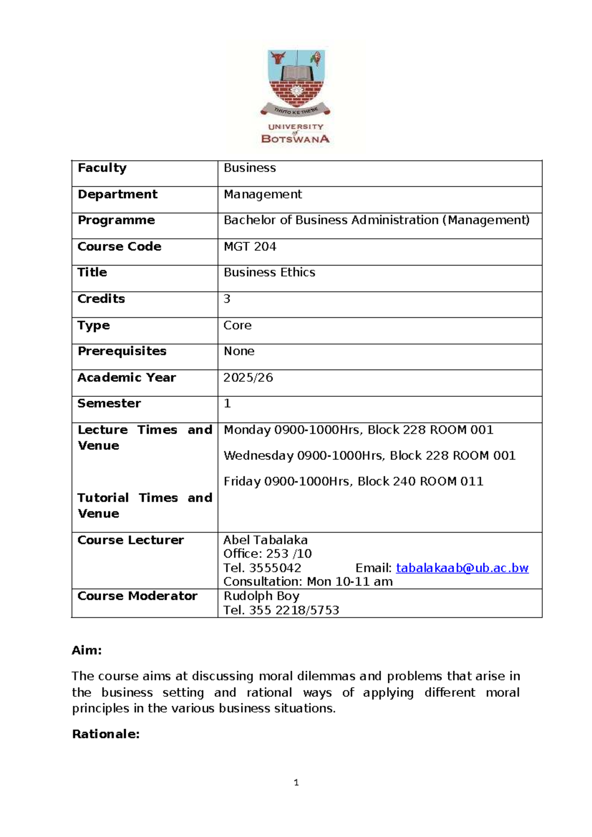 Business Ethics Course Outline MGT 204 - Semester 1, 2025 - Studocu