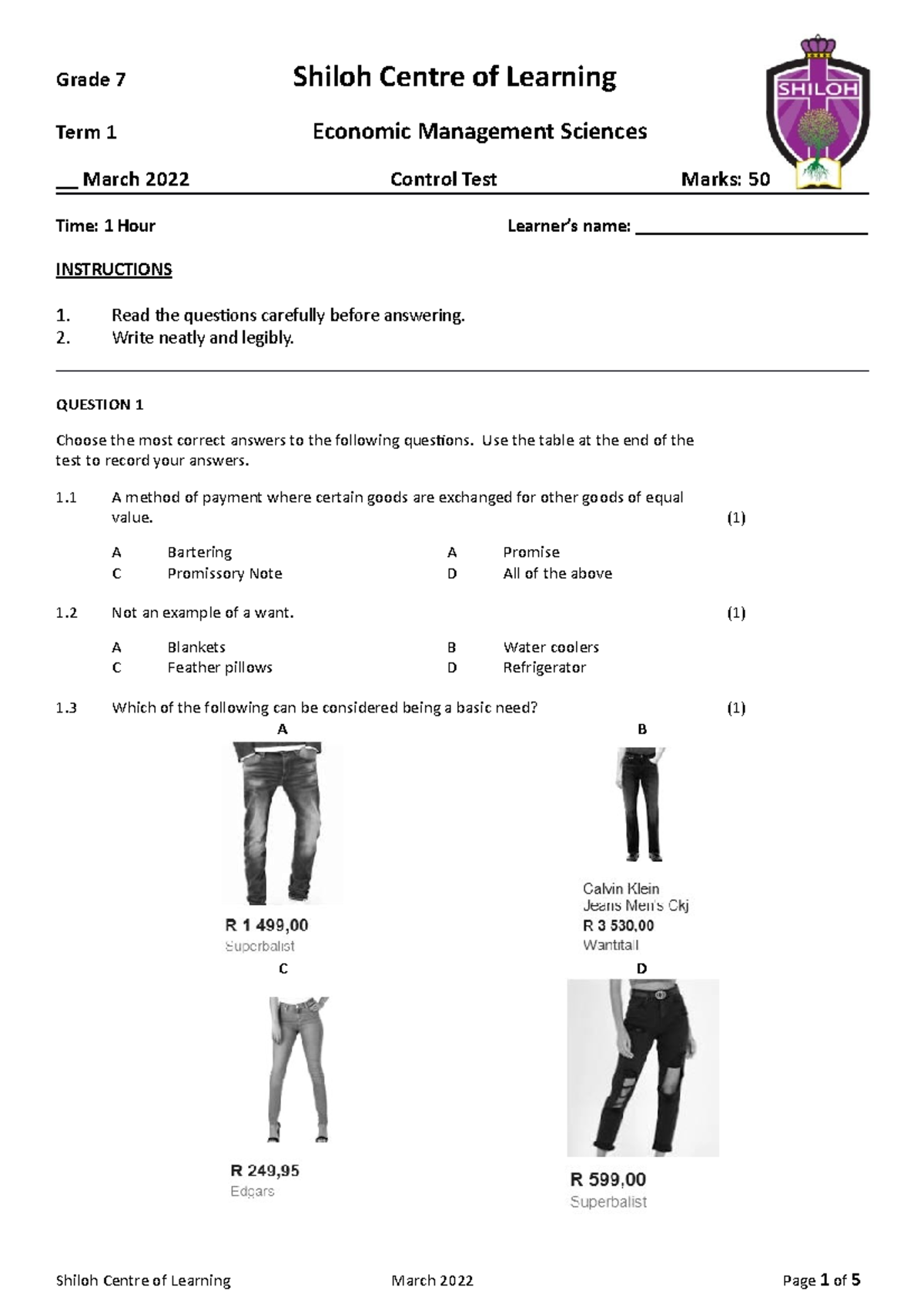 GR7 EMS TERM 1 Control Test 2022 - Shiloh Centre of Learning - Studocu