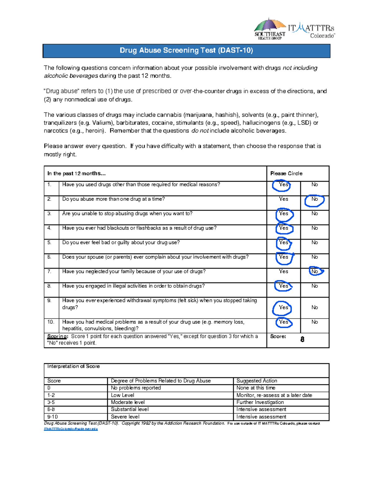 Drug Abuse Screening Test (DAST-10) - Assessment Questions and Scoring ...
