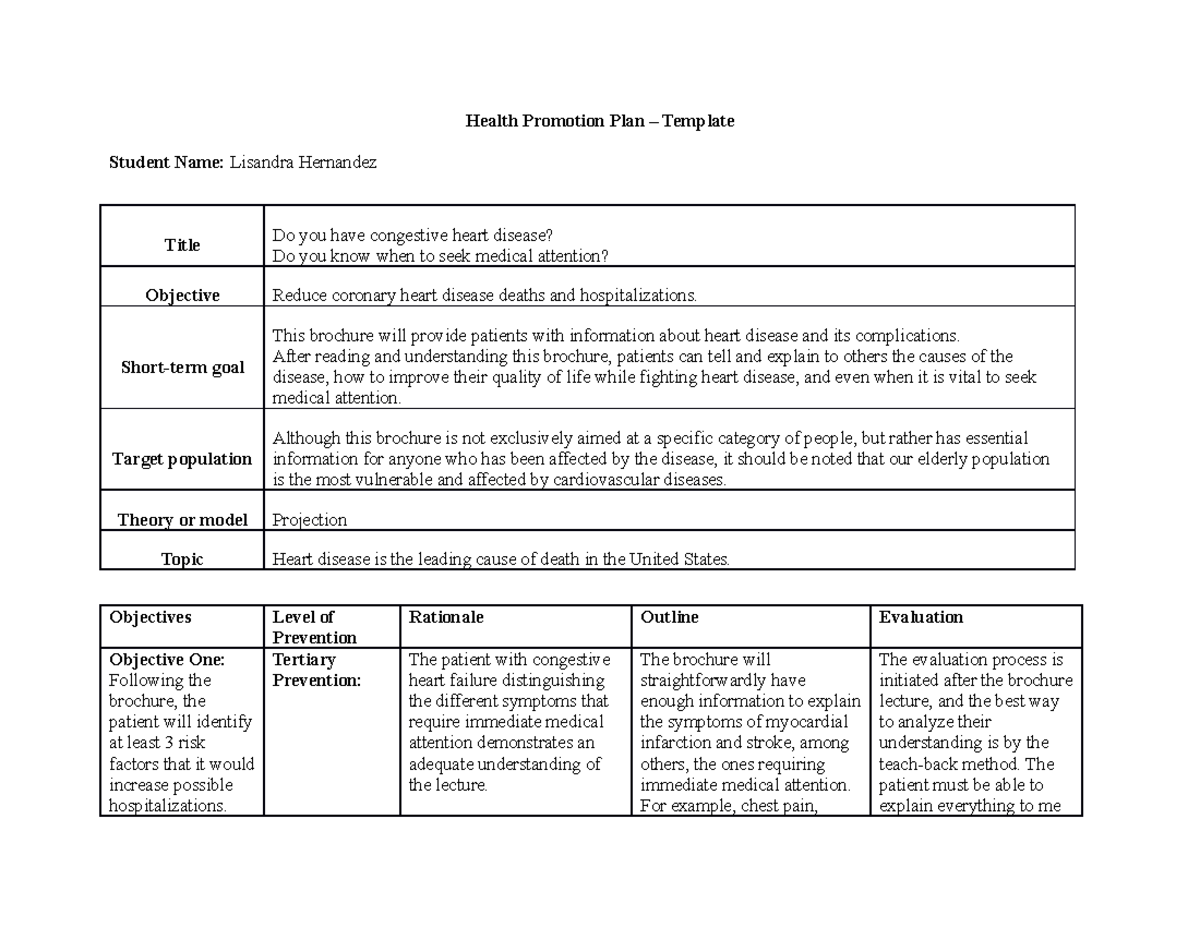 Health Promotion Plan Template - Health Promotion Plan – Template ...