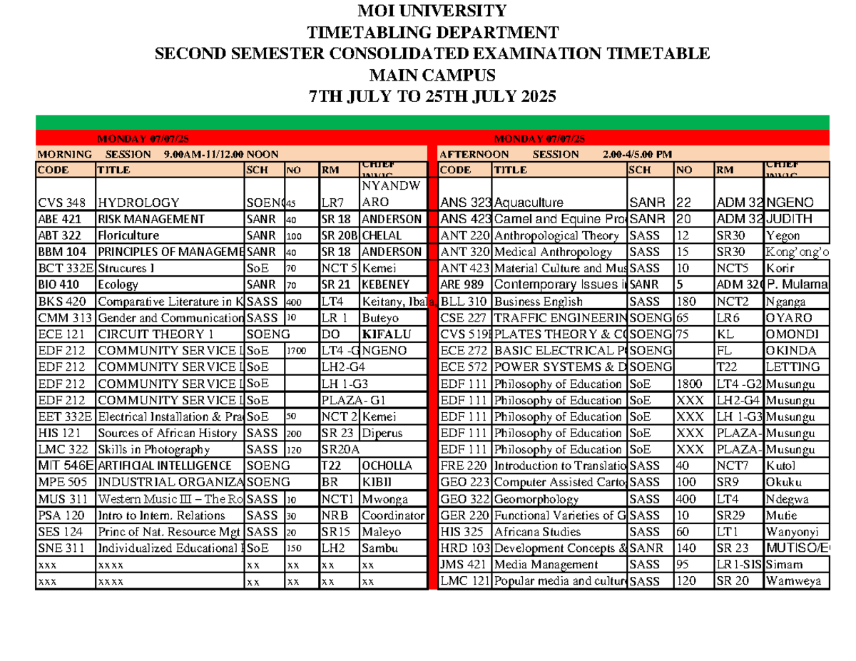 MOI UNIVERSITY SECOND SEMESTER EXAM TIMETABLE JULY 2025 - Studocu