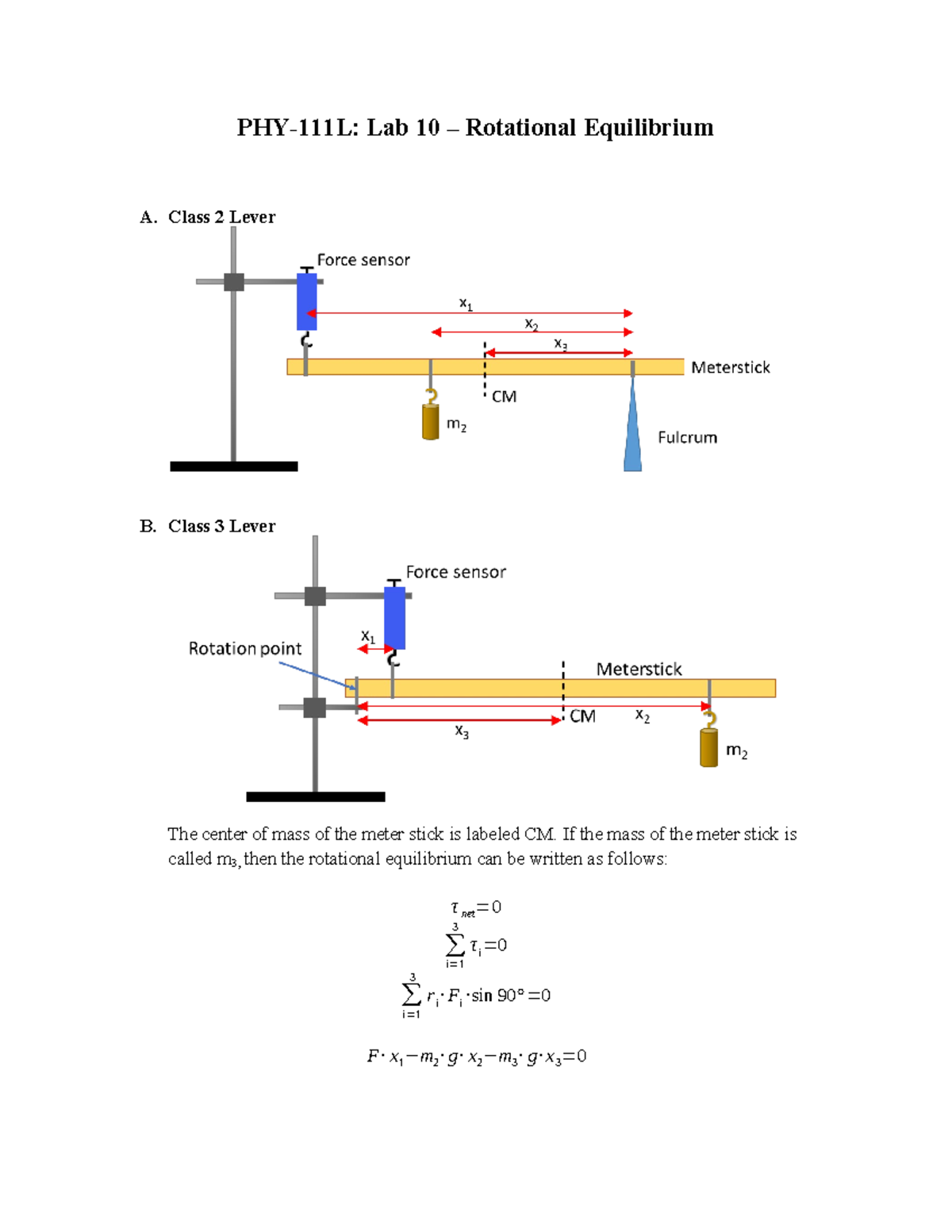 PHY-111L Lab 10 - Buoyancy lab - PHY-111L: Lab 10 – Rotational Equilibrium A. Class 2 Lever B ...