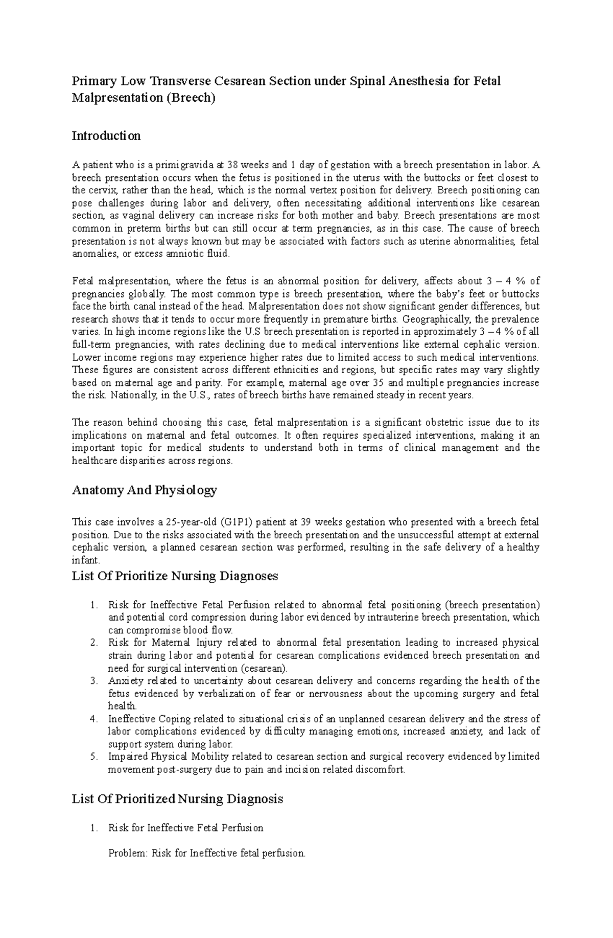 Low Transverse Cesarean Section Case Study: Breech Malpresentation ...