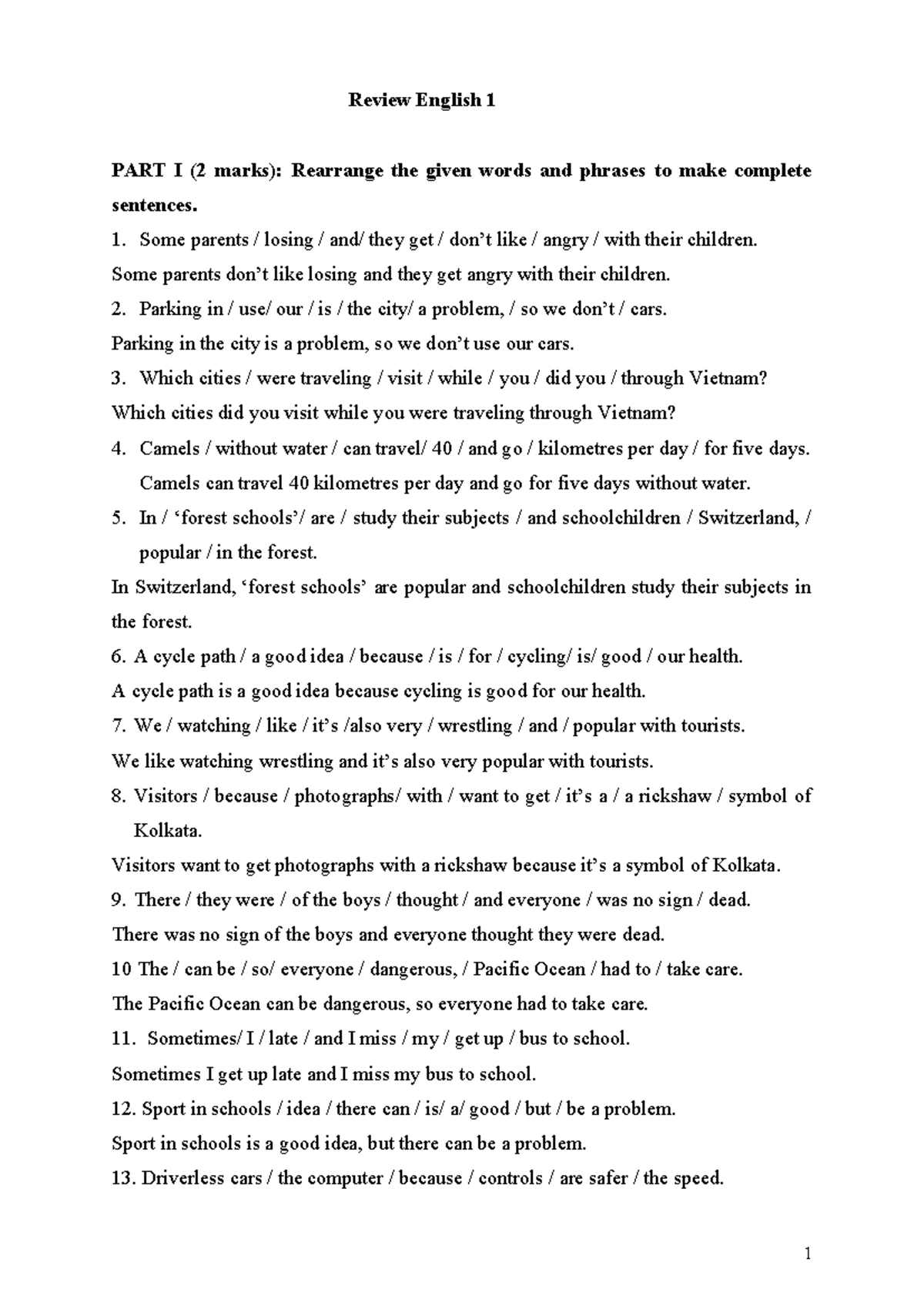 Rearranging Sentences and Writing Texts - English 1 Review (AAAA) - Studocu