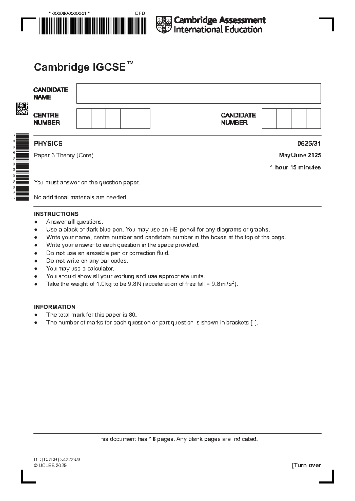 DFD Cambridge 9 0625/31 Physics Paper 3 Theory (Core) 2025 - Studocu