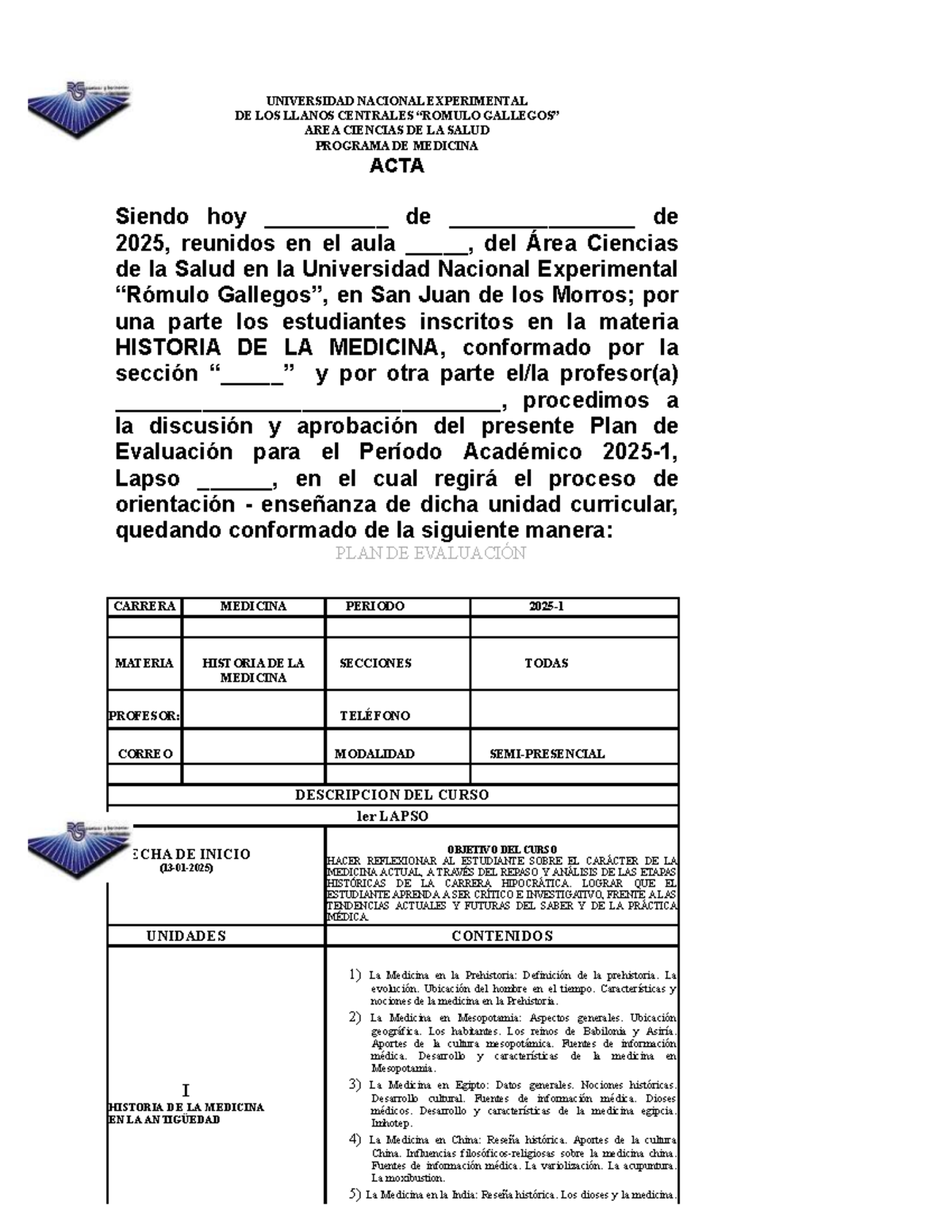 Plan de Evaluación - Historia de la Medicina - 1er Lapso - Medicina ...