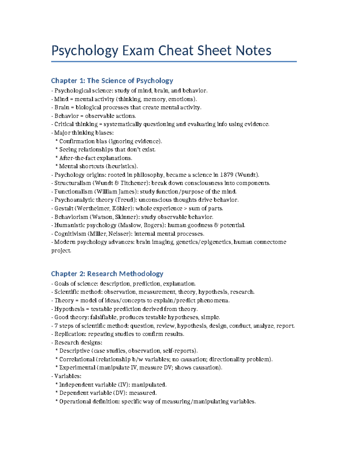Psychology Exam Cheat Sheet: Key Concepts & Research Methods - Studocu