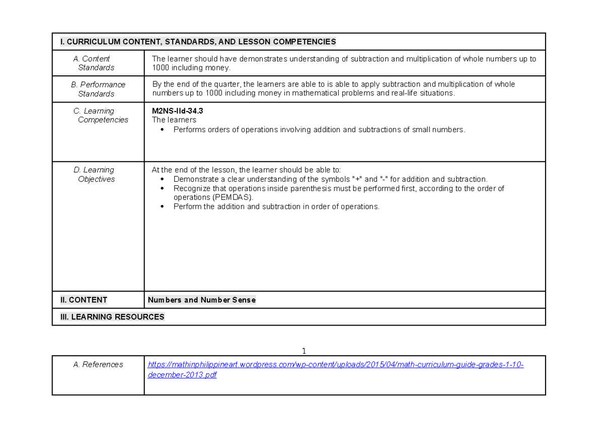 Lara - SLP (MATH) - help - I. CURRICULUM CONTENT, STANDARDS, AND LESSON ...