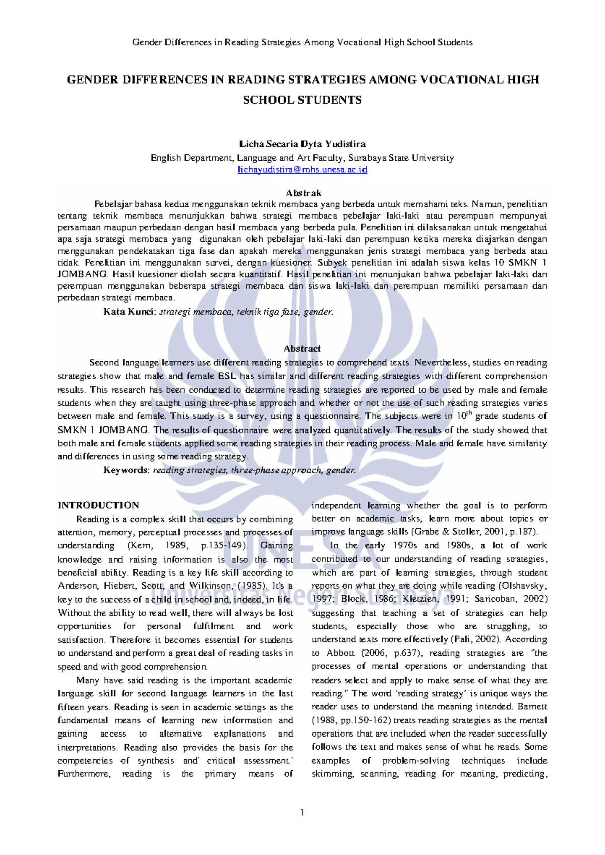 GENDER DIFFERENCES IN READING STRATEGIES AMONG VOCATIONAL HIGH SCHOOL ...