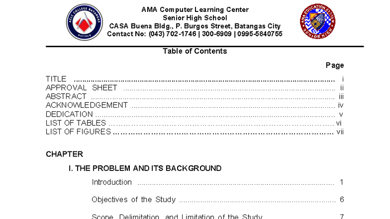 Table of Contents for G8 - BAED-RSCH2120-2512S Research Study - Studocu