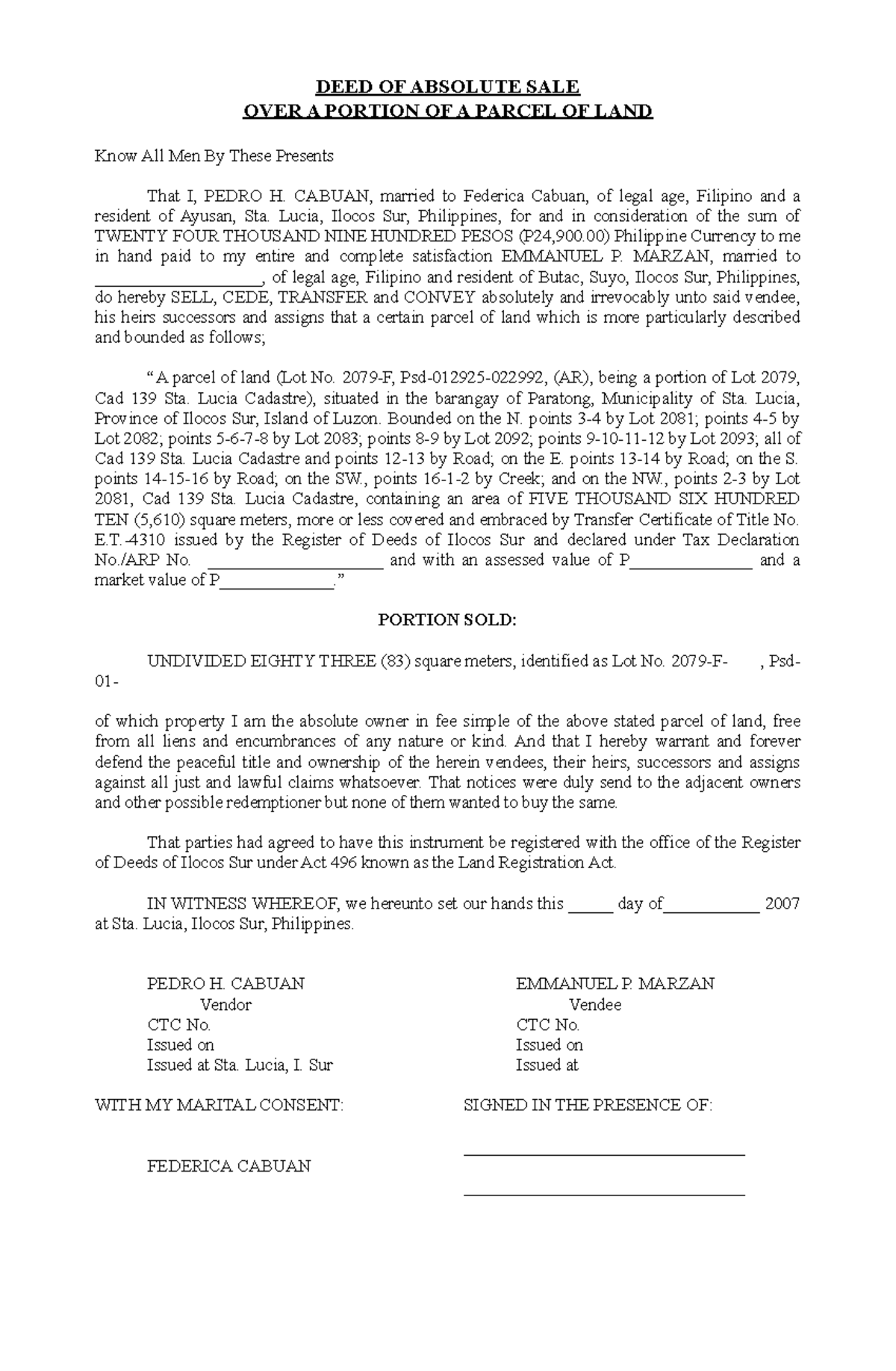 Deed of Absolute Sale for a Parcel of Land - Ilocos Sur 2007 - Studocu
