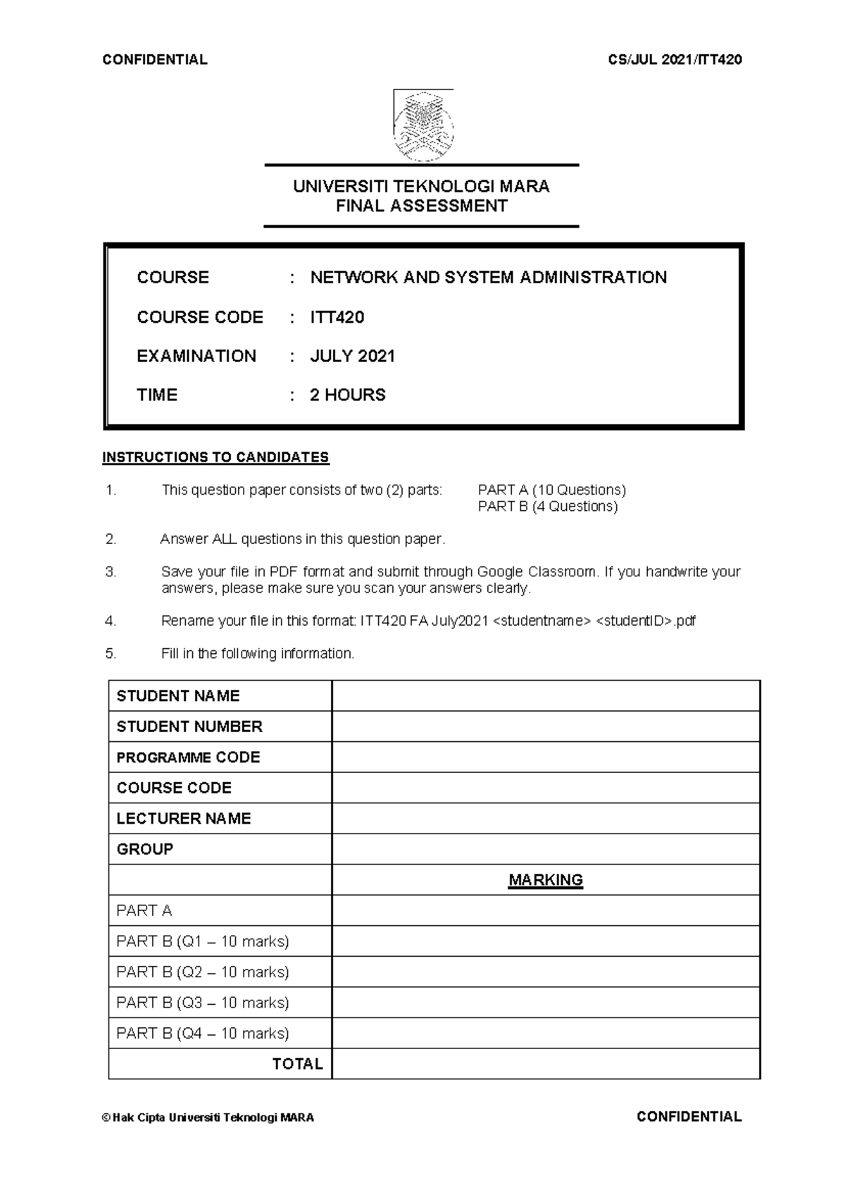 ITT420 Final Assessment: Network & System Administration July 2021 ...