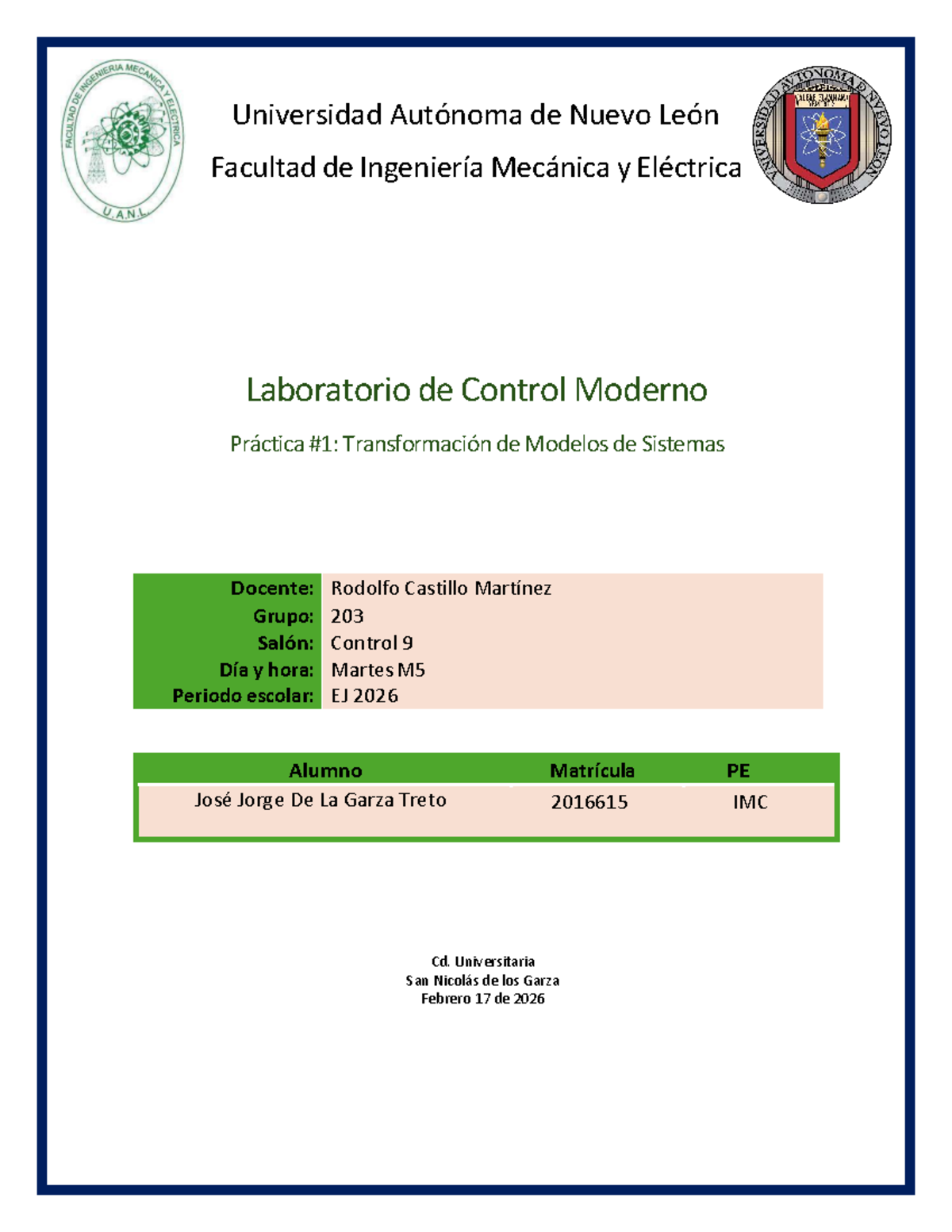 Control Moderno IMC - Práctica 1: Transformación de Modelos - Studocu