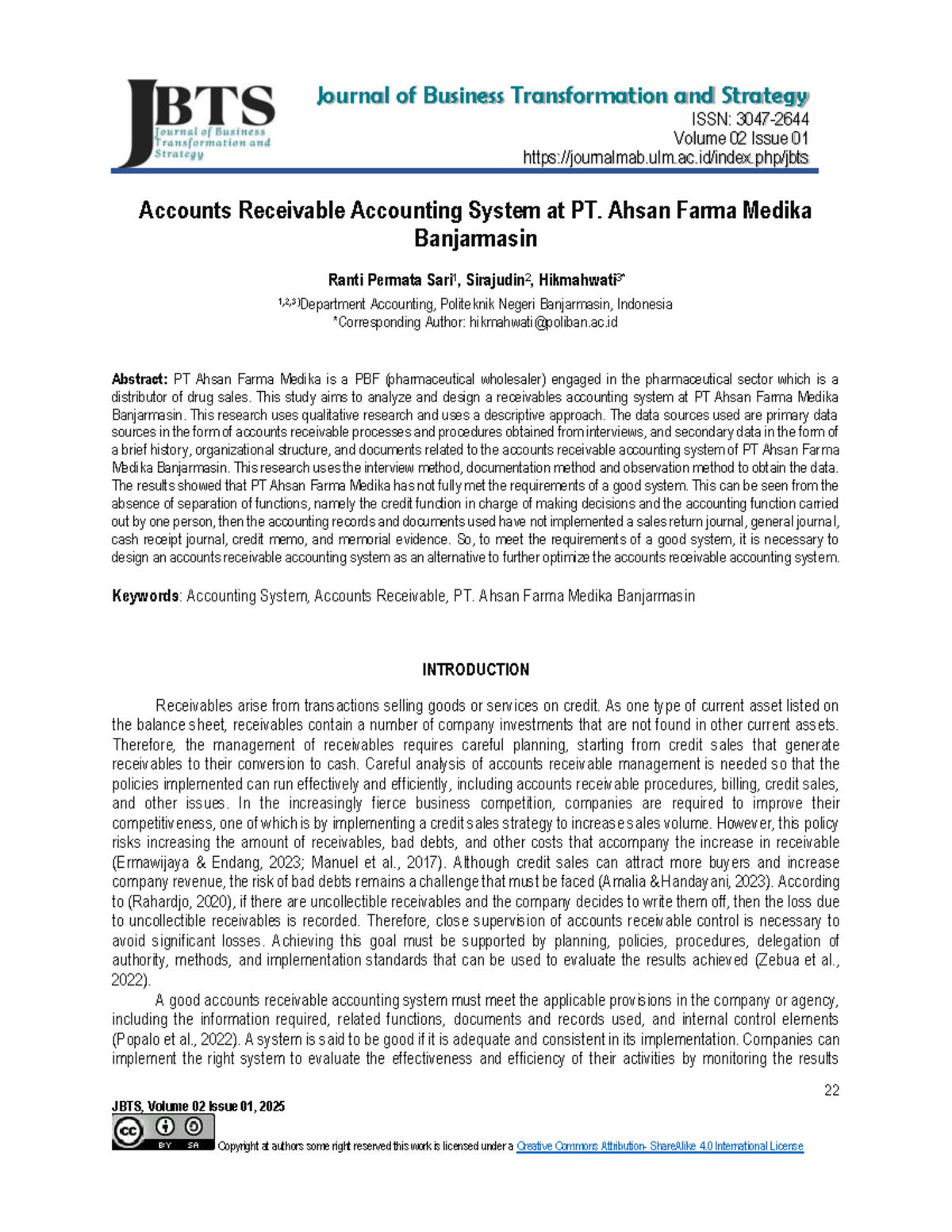 Receivable Accounting System Analysis at PT Ahsan Farma Medika (JBTS 02 ...