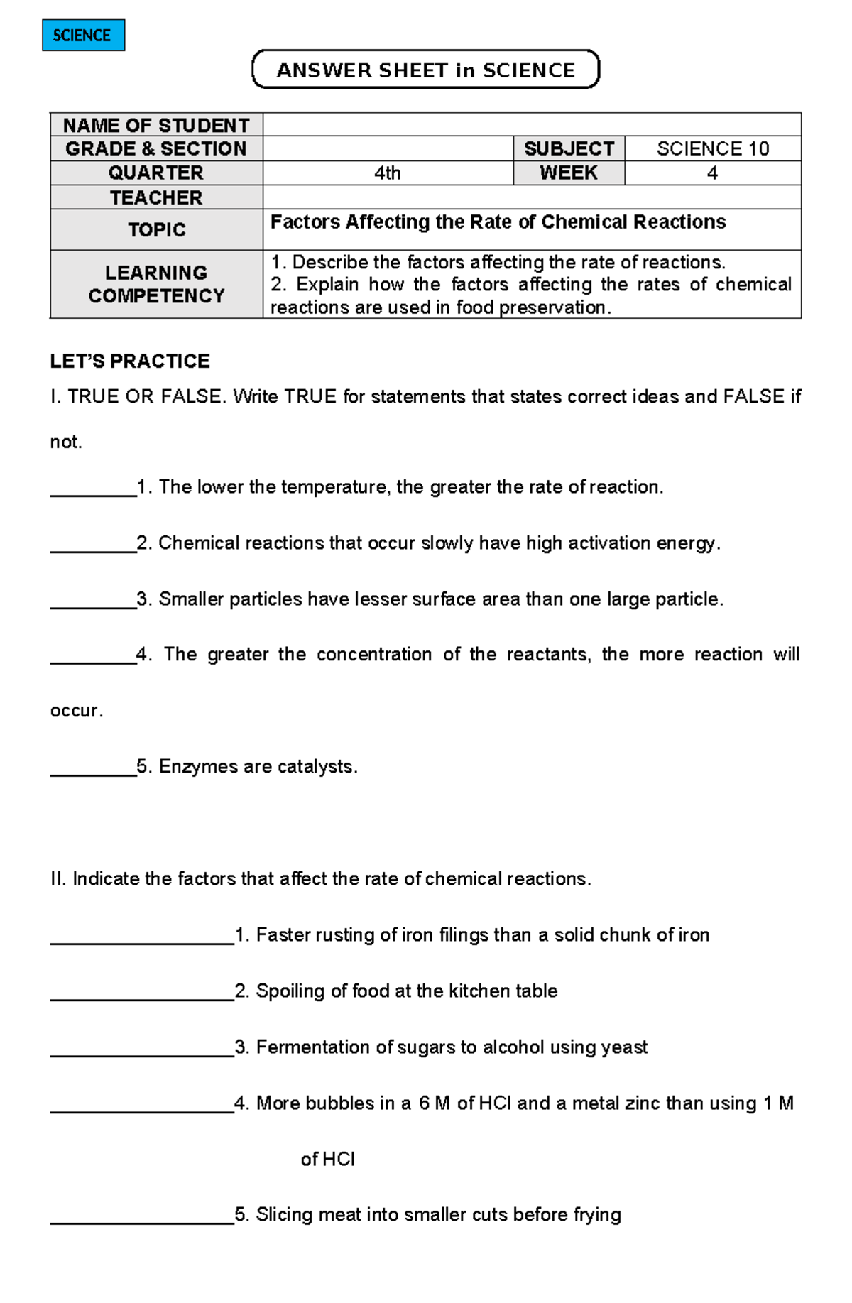 Science 10 Week 4 Answer Sheet: Factors Affecting Reaction Rates - Studocu