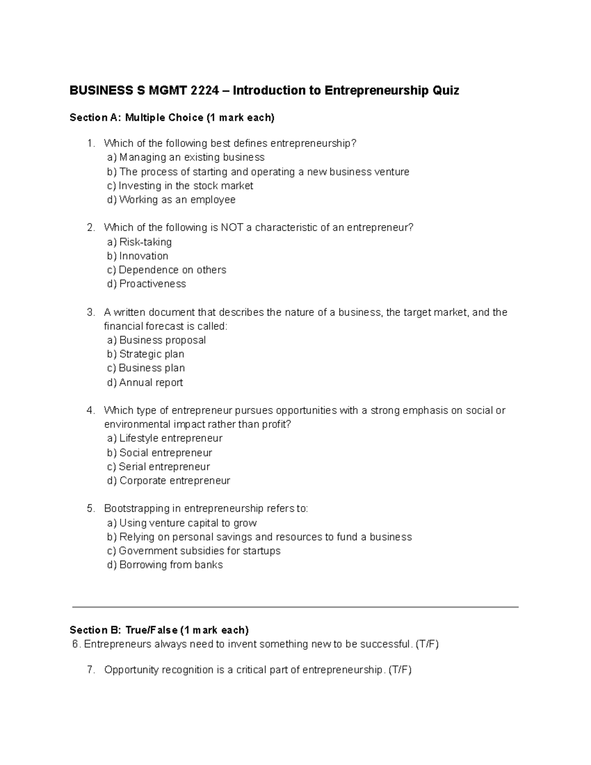 BUSINESS S MGMT Introduction to Entrepreneurship Quiz - Section A - Studocu