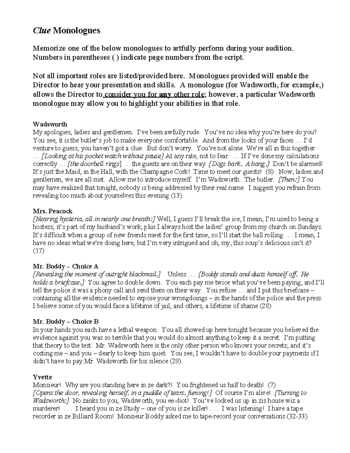 Clue Monologues for Audition: Perform Selected Pieces - Studocu