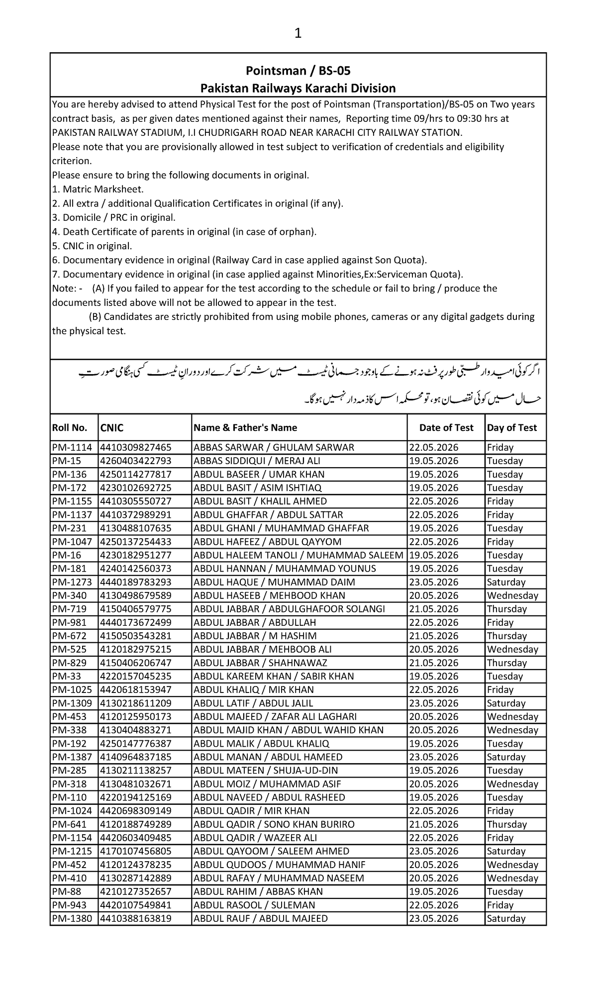 List of Candidates for Physical Test - Pointsman (Karachi Division ...