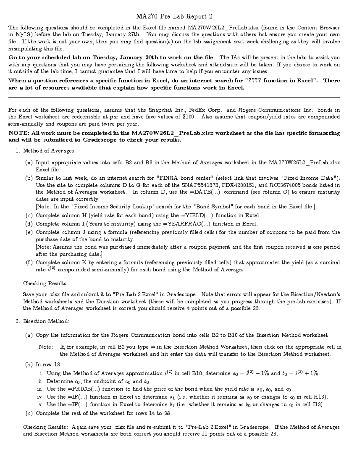 MA270 W26L2 Pre Lab Report: Excel Bond Analysis Tasks - Studocu