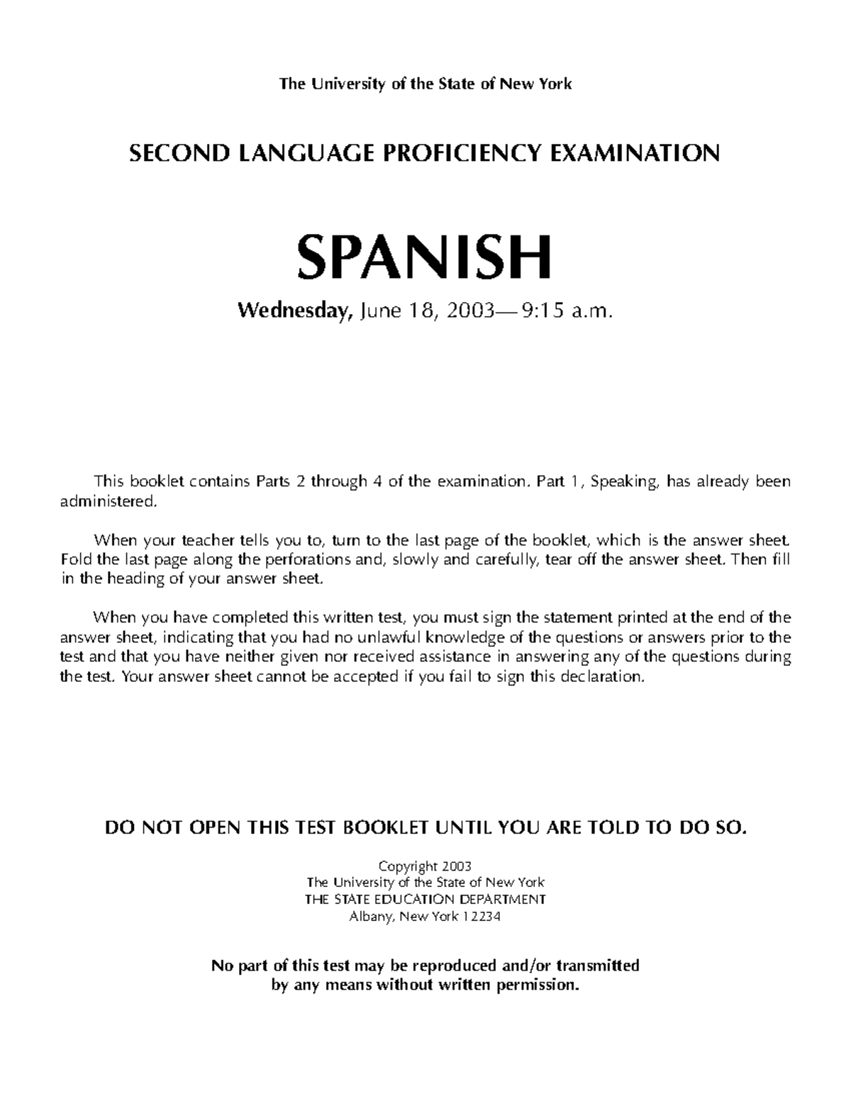 June 2003 checkpoint A exam - The University of the State of New York ...