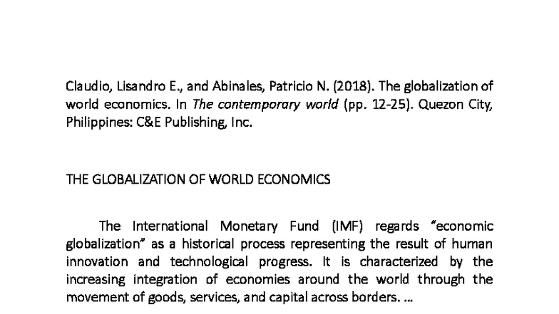 Claudio & Abinales (2018) - Globalization of World Economics Analysis ...