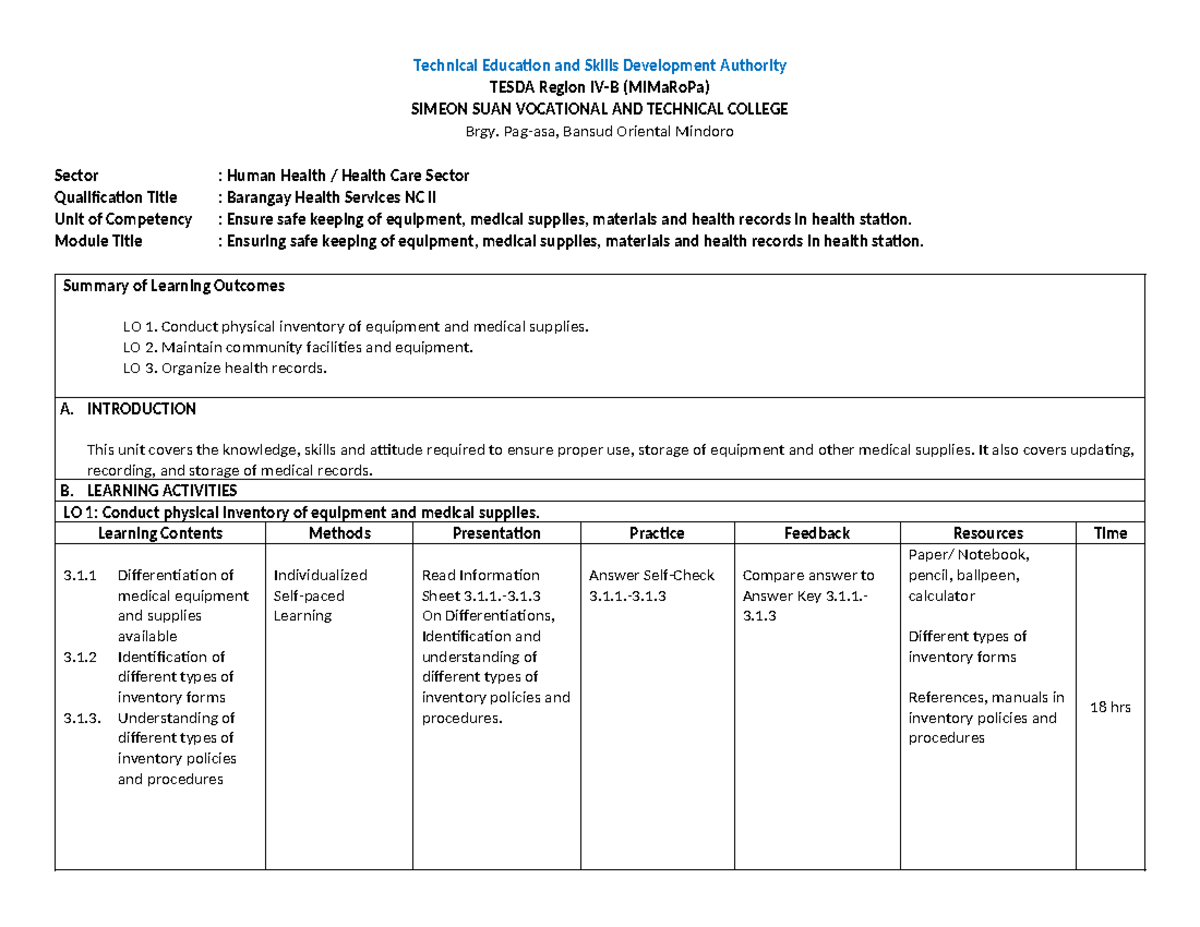 SSVTC Session Plan: BHS NC II - Ensuring Safe Keeping of Health Records ...
