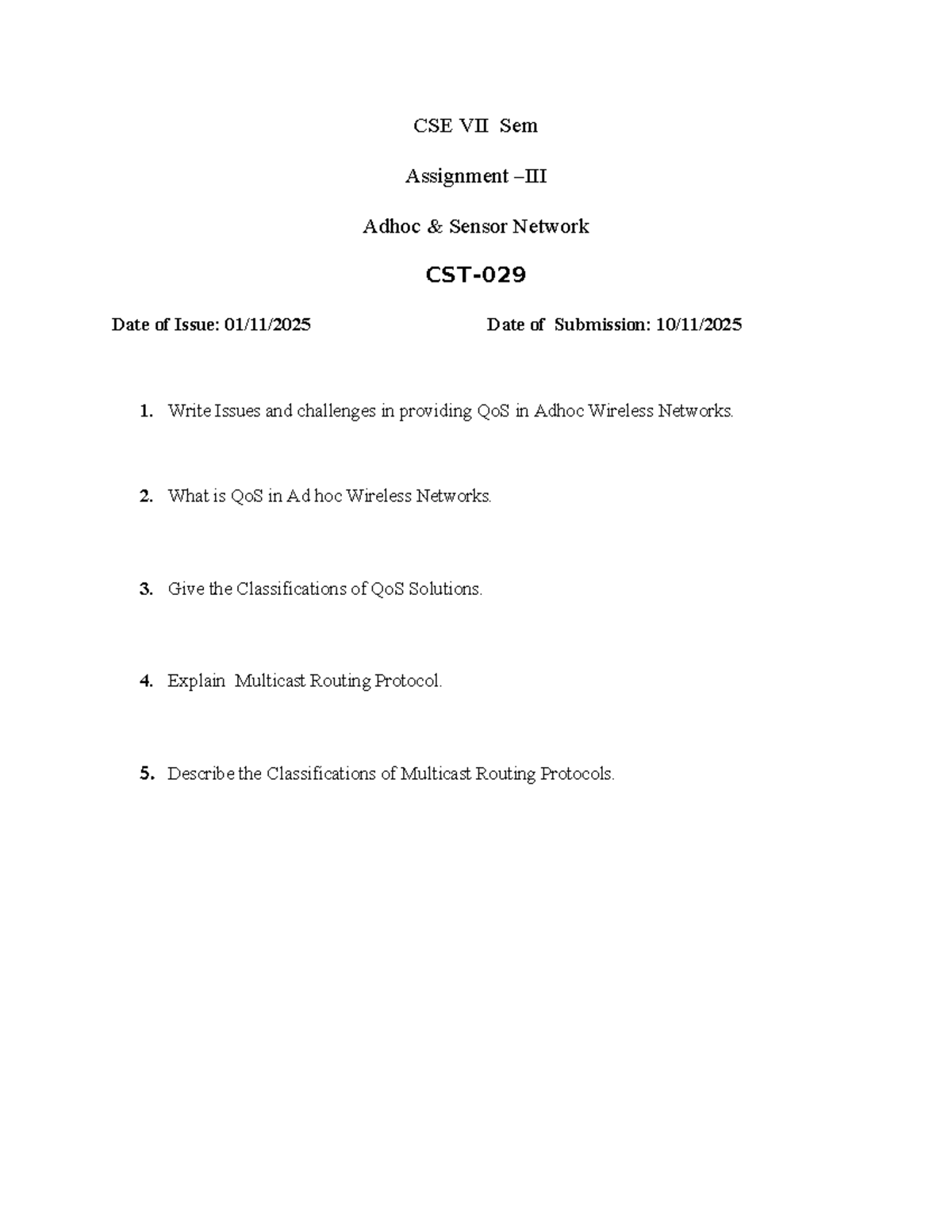 AWN 3 Assignment - adhoc wireless network - CSE VII Sem Assignment –III ...