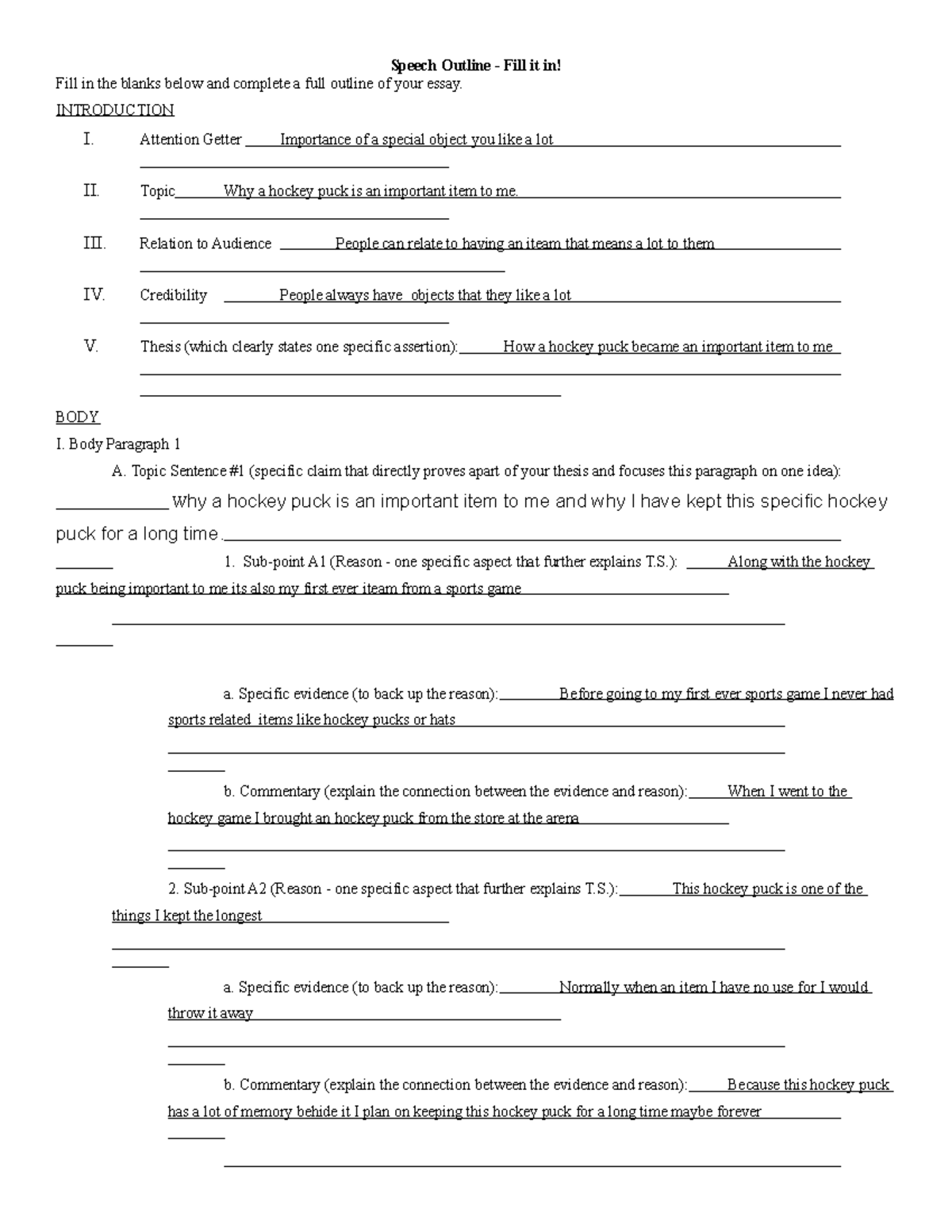 Speech Outline template - Speech Outline - Fill it in! Fill in the ...