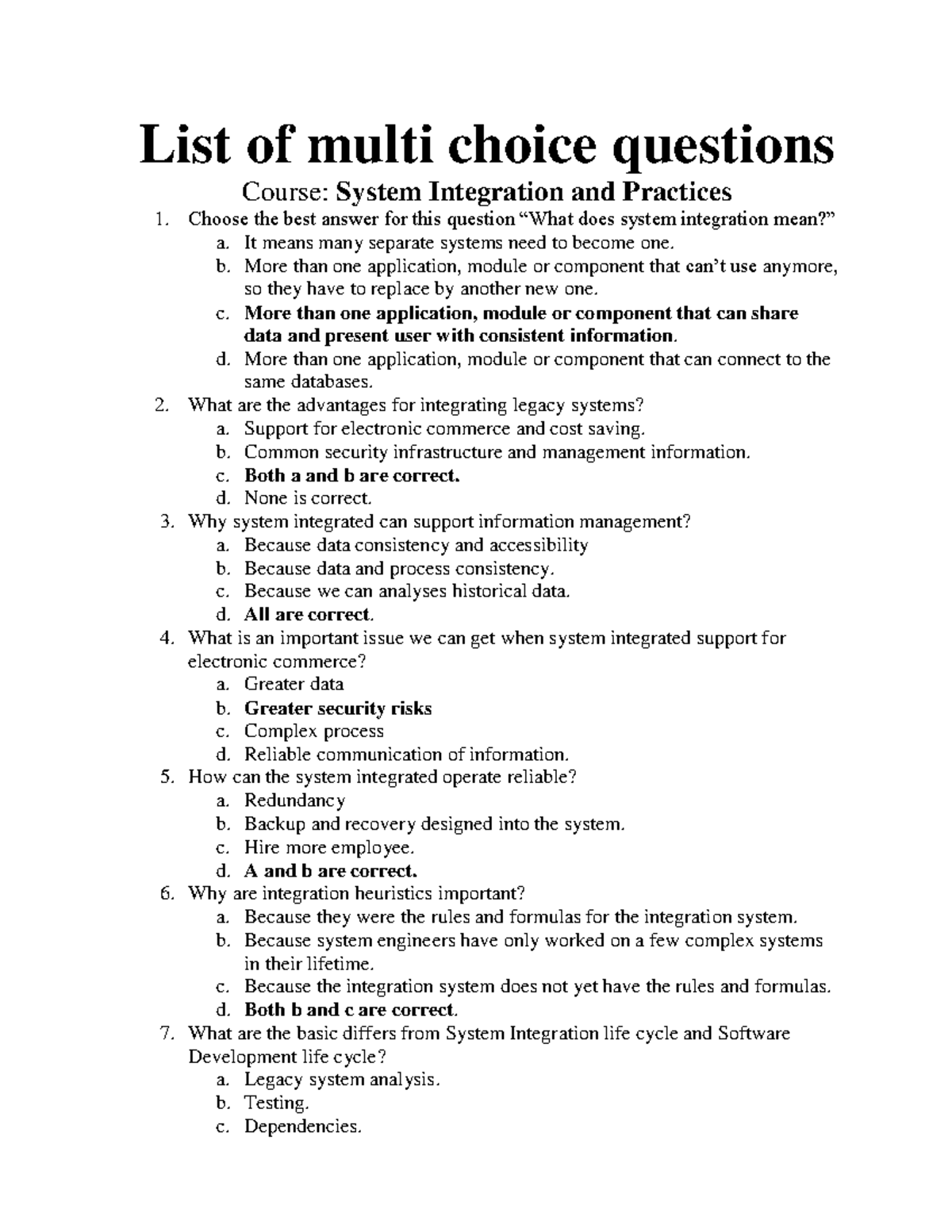 SE445 - System Integration Multiple Choice Questions Overview - Studocu