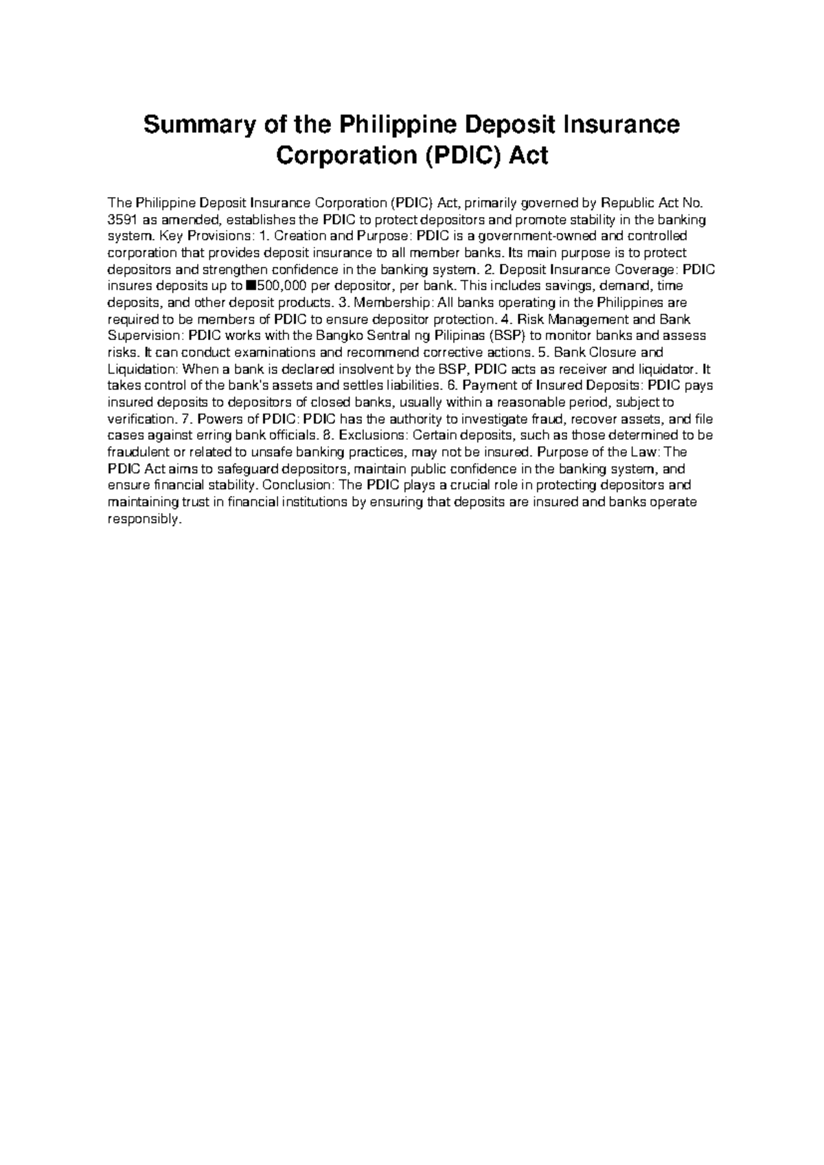 PDIC Act Summary: Key Provisions and Purpose Explained - Studocu
