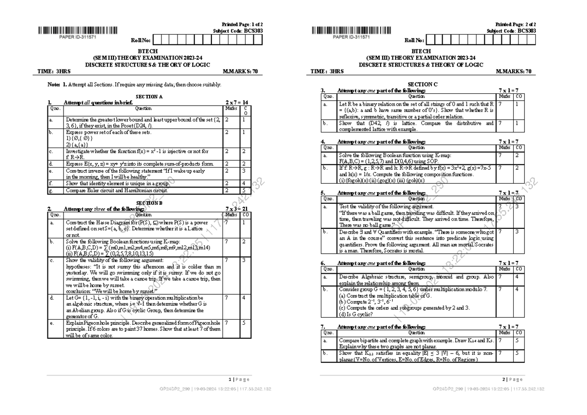 BCS303 - Discrete Structures - Theory of Logic Exam QP24DP2 (2024) - Studocu