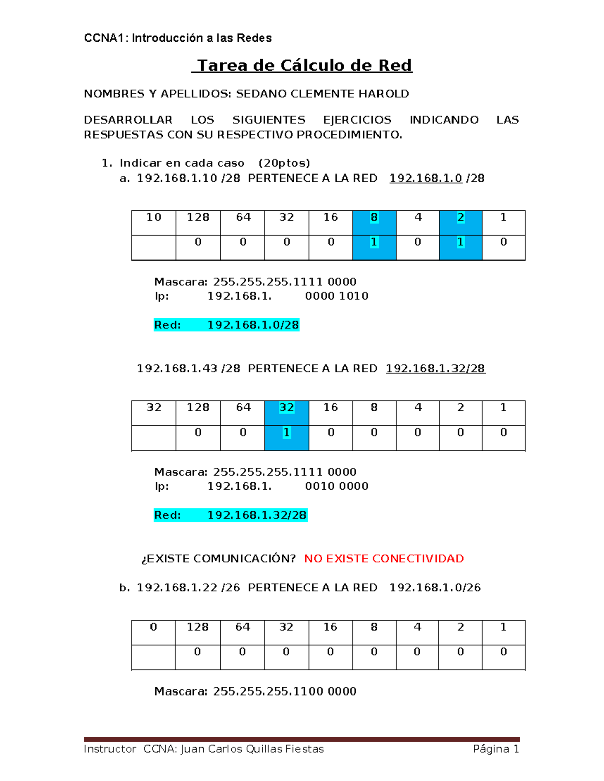 CCNA1: Cálculo de Red - Tarea de Ejercicios y Práctica - Studocu