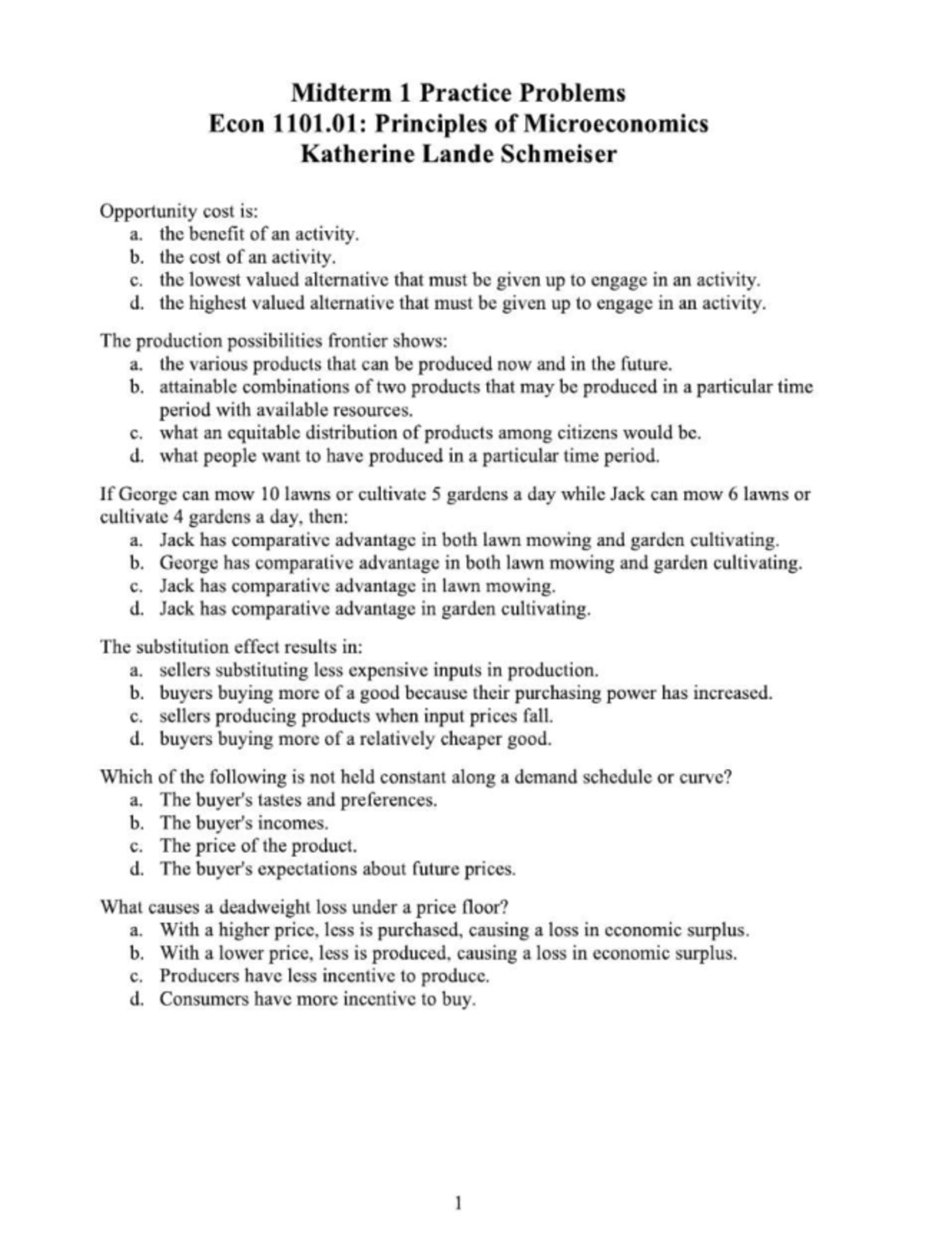 Econ 1101.01 Midterm 1 Practice Problems & Sample Questions - Studocu