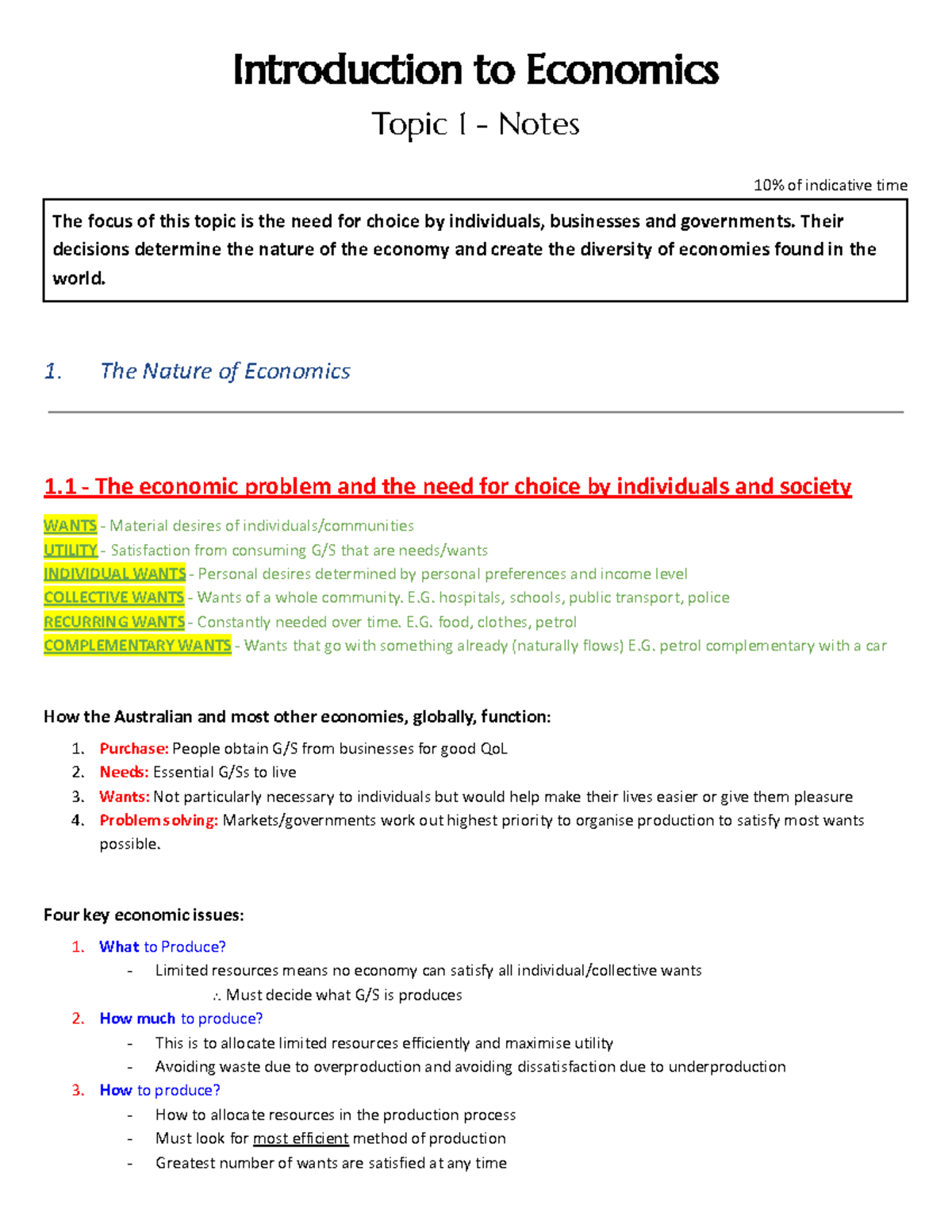 Topic 1 Notes: Introduction to Economics (ECO101) - Studocu