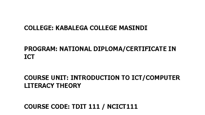 Introduction to ICT Computer Literacy Theory Lecture Notes (TDIT) - Studocu