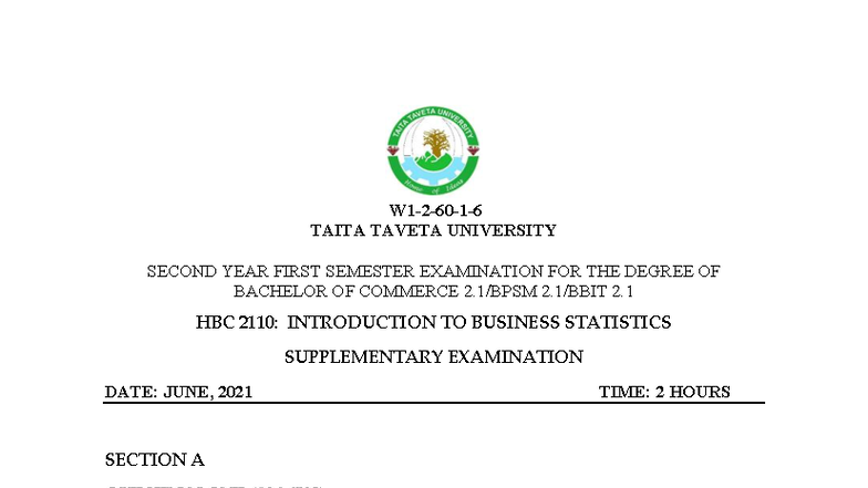 HBC 2110: Introduction to Business Statistics - Supplementary Exam 2021 ...