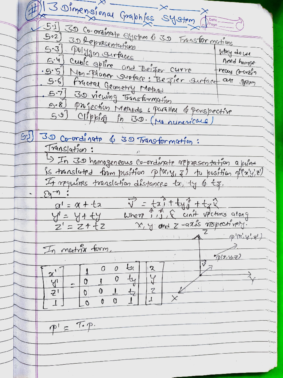 Cg Ch 5 Notes Summary Computer Graphics 3 Dimensional Graphies X System X M I Date Page 30