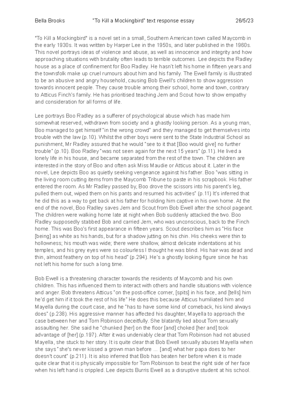 To Kill a Mockingbird (ENG 101) Sample Text Response Essay - Studocu
