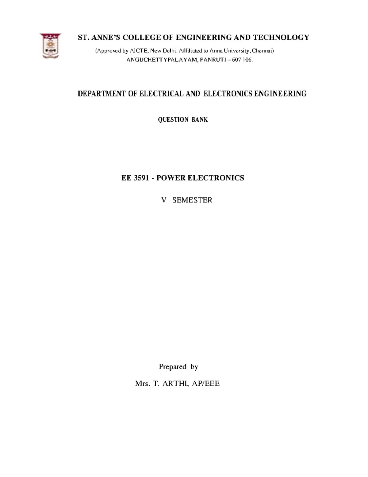 EE3591 - Power Electronics - Final Exam Question Bank PDF - Studocu