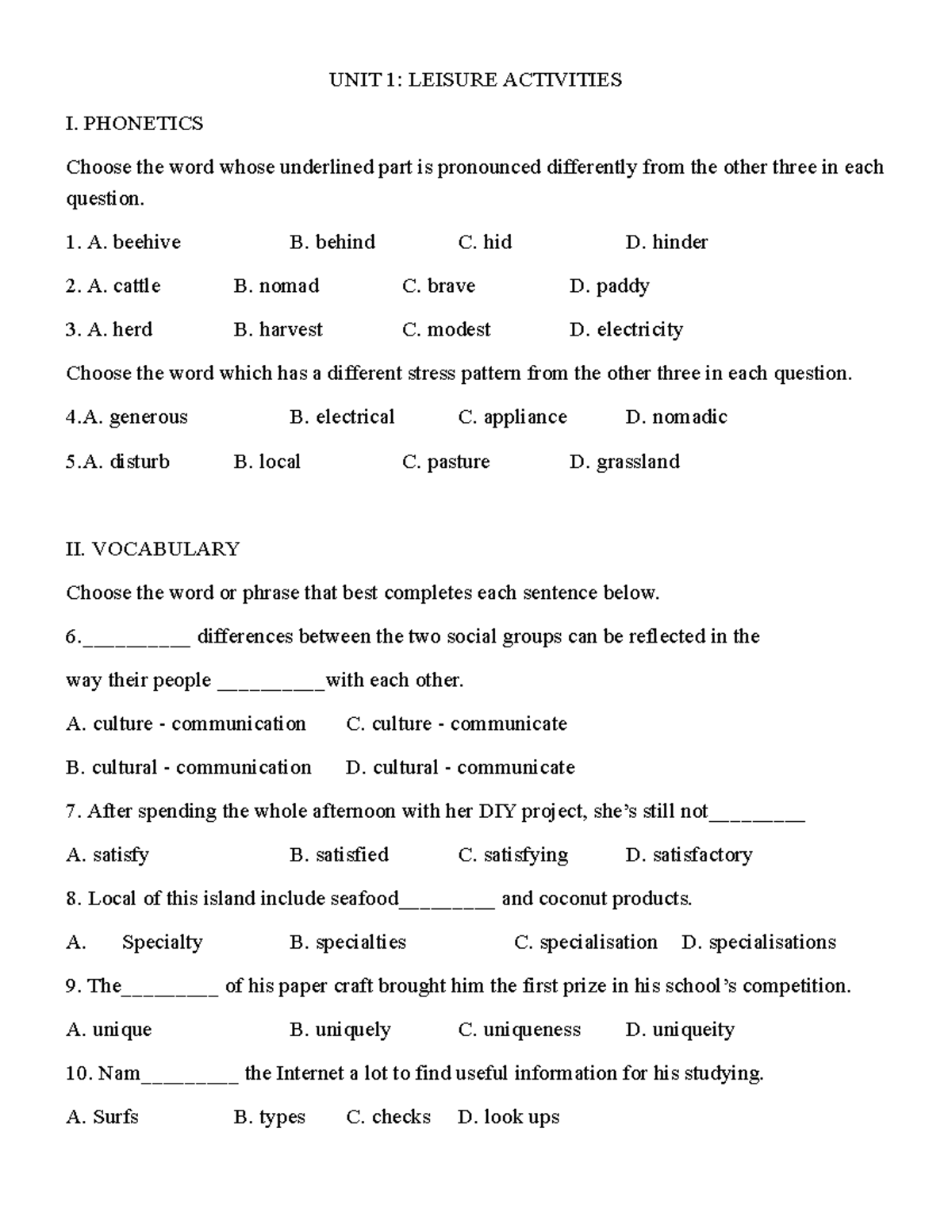 UNIT 1: LEISURE ACTIVITIES - PHONETICS & VOCABULARY EXERCISES - Studocu