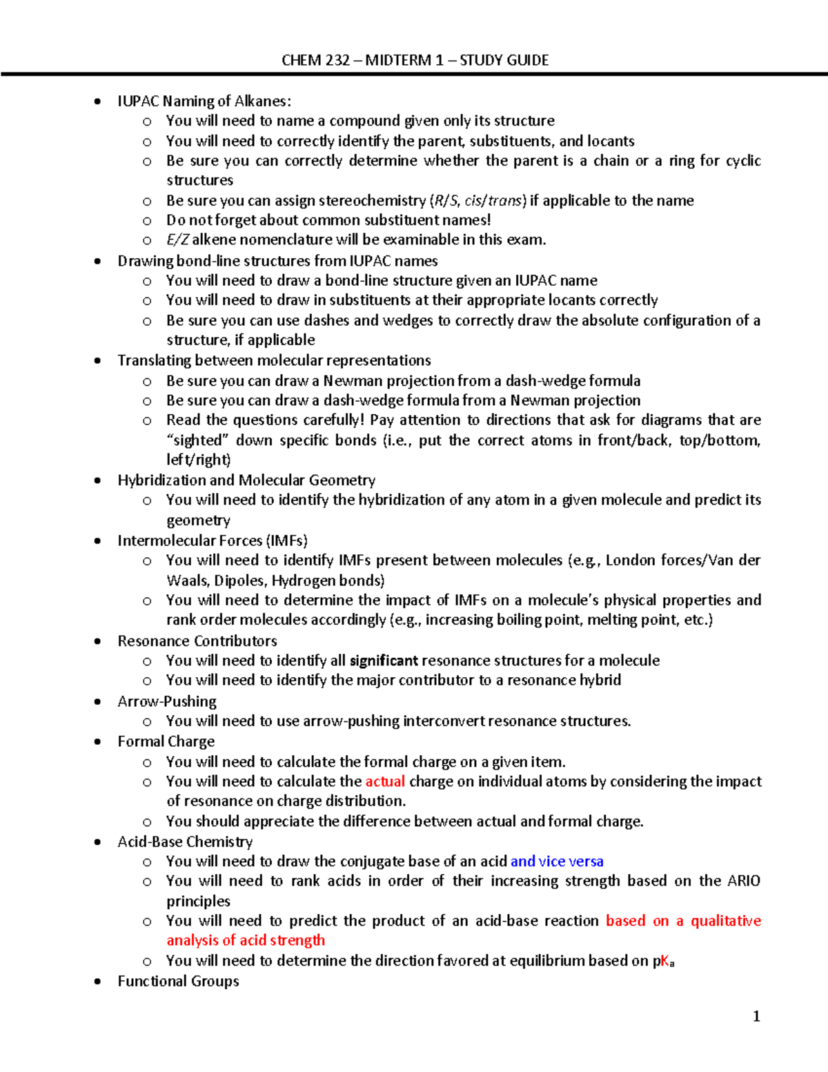 CHEM 232 Midterm 1 Comprehensive Study Guide - Studocu