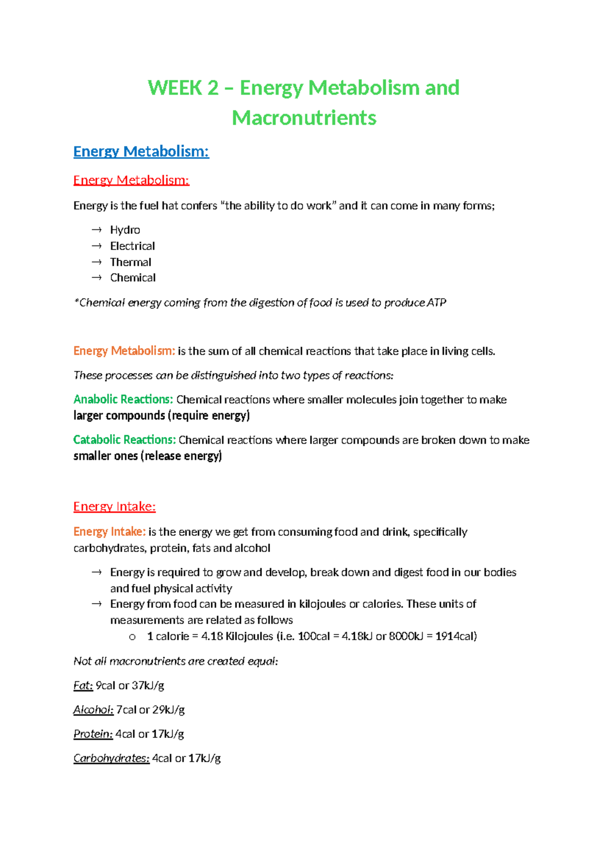 WEEK 2 Lecture Notes: Energy Metabolism & Macronutrients Overview - Studocu