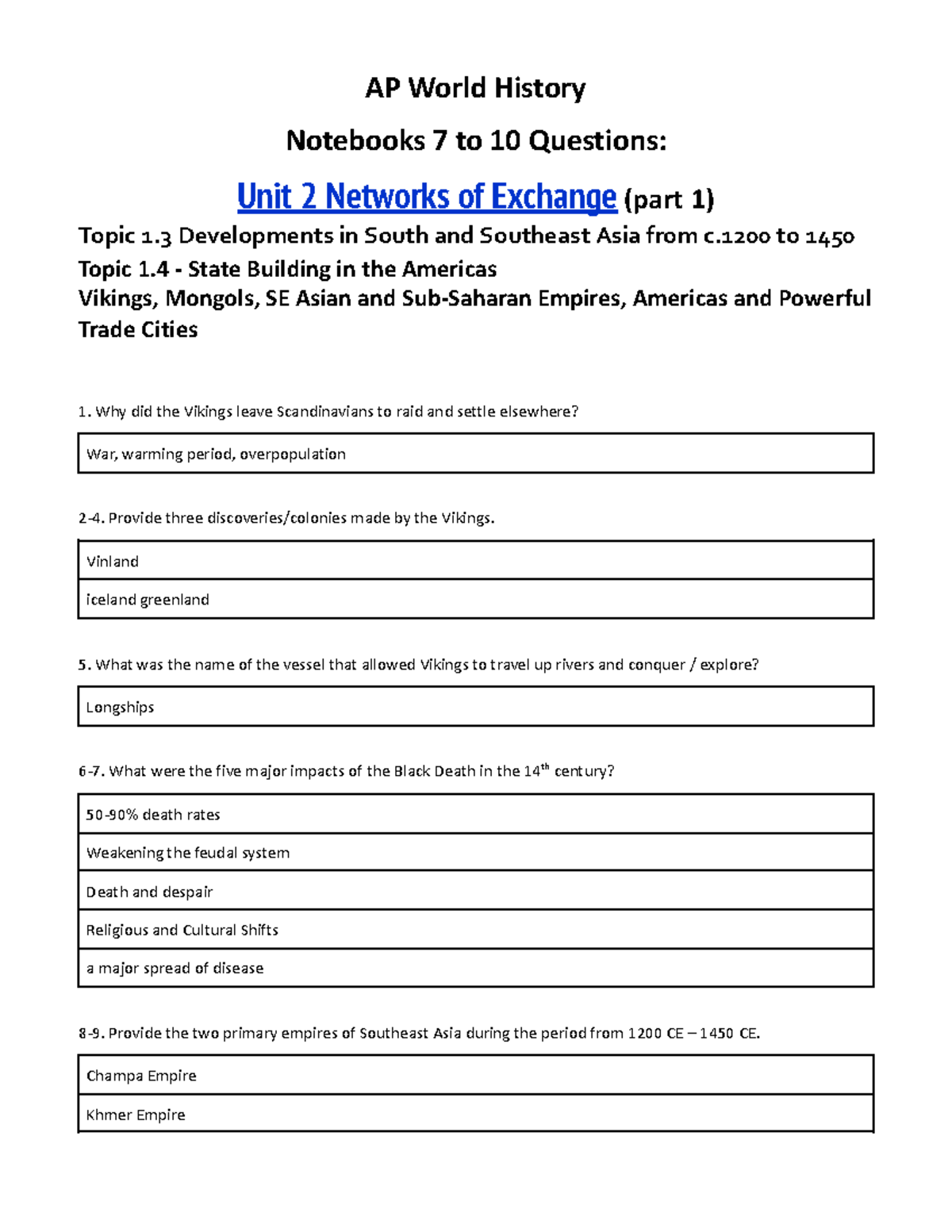 AP World History: Unit 2 Networks of Exchange Questions (Topics 1.3-1.4 ...