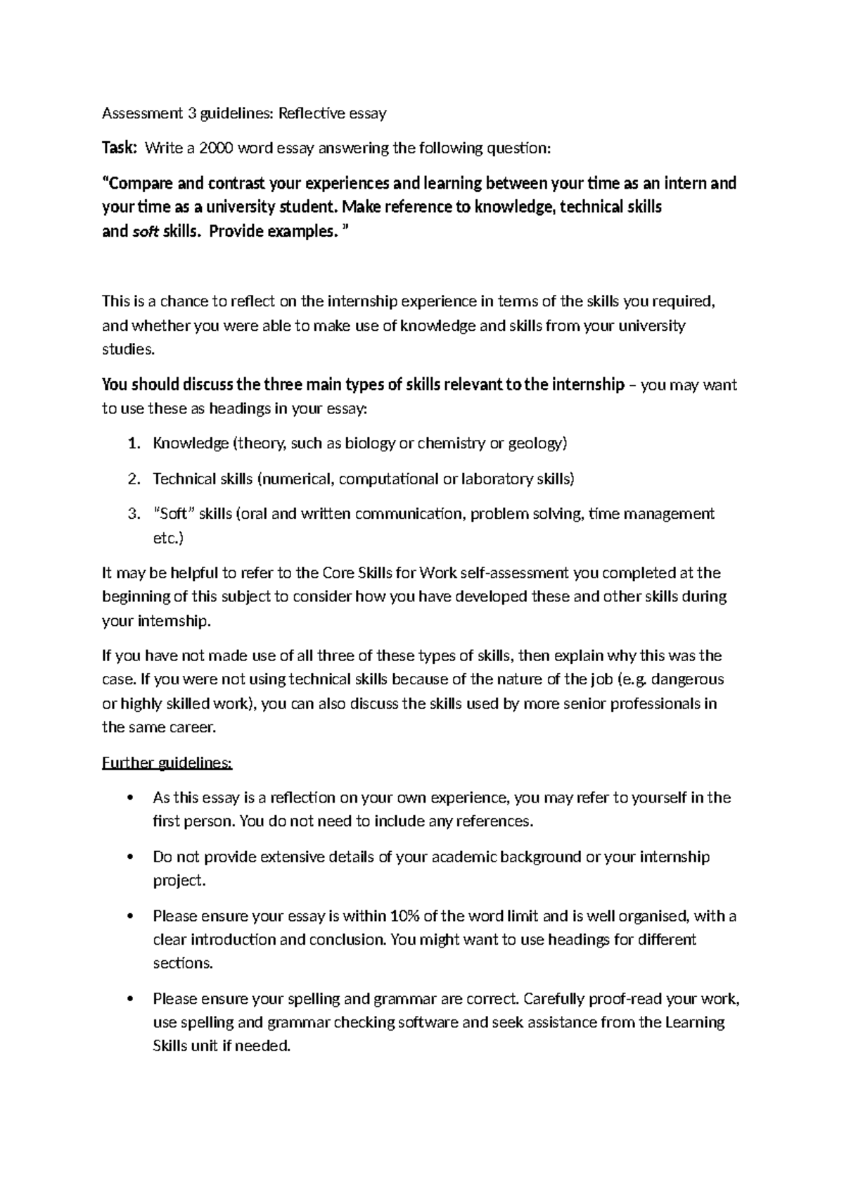 Assessment 3 guidelines: Reflective essay on internship vs university ...